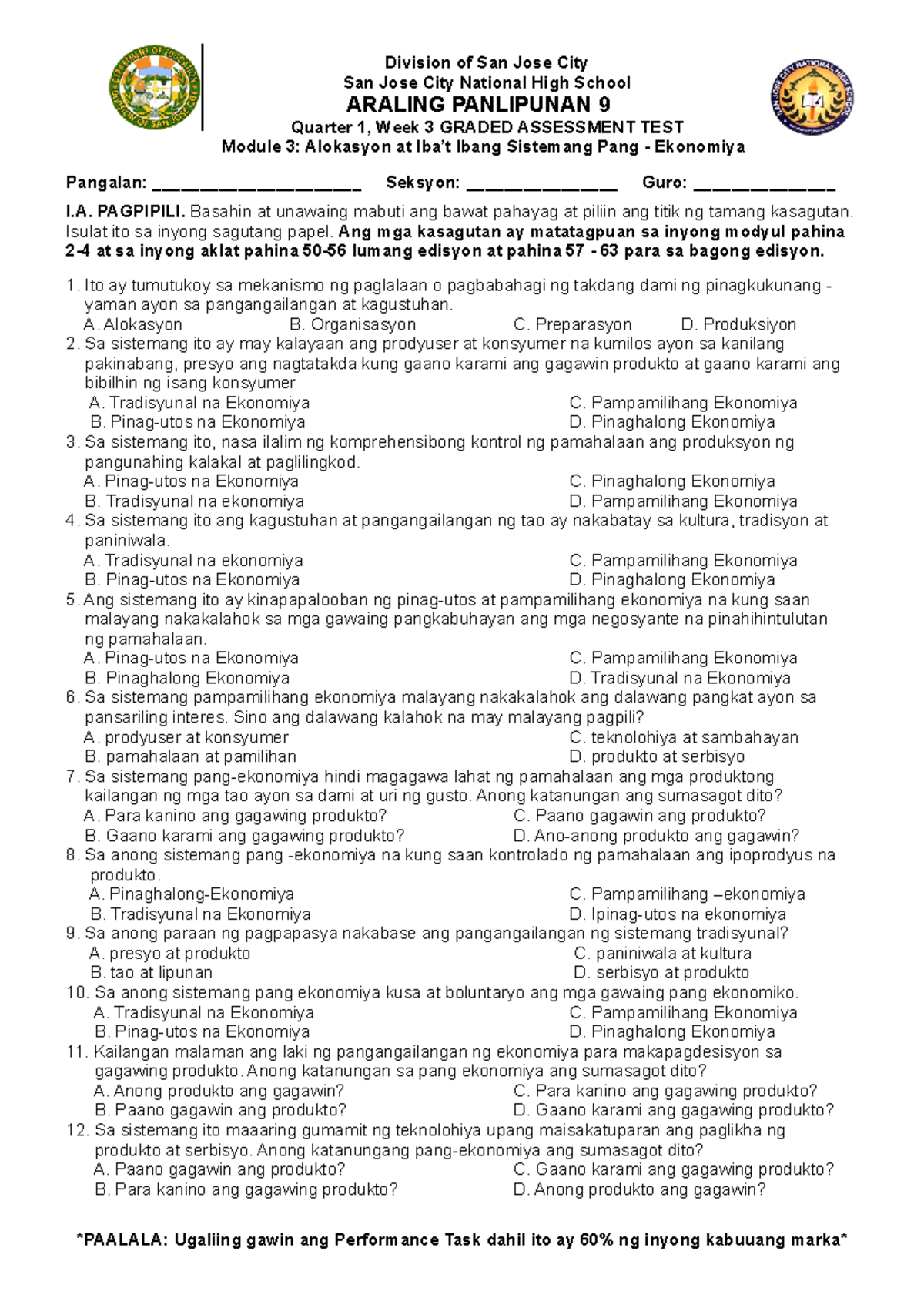AP 9 Q1-week-3-4-GAT - Graded assessment tool for Araling Panlipunan ...