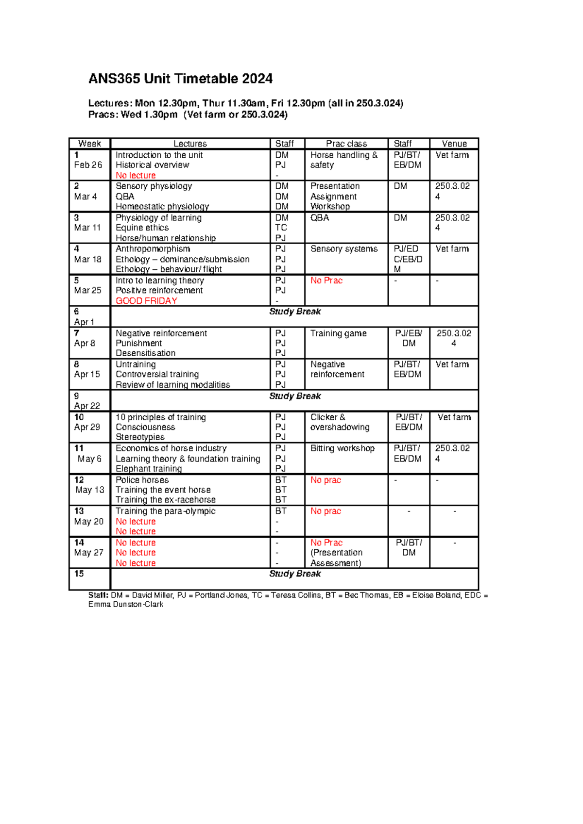 ANS365 Timetable 2024 - ANS 365 Unit Timetable 20 24 Lectures: Mon 1 2 .30pm, Thur 11 .30am, Fri ...