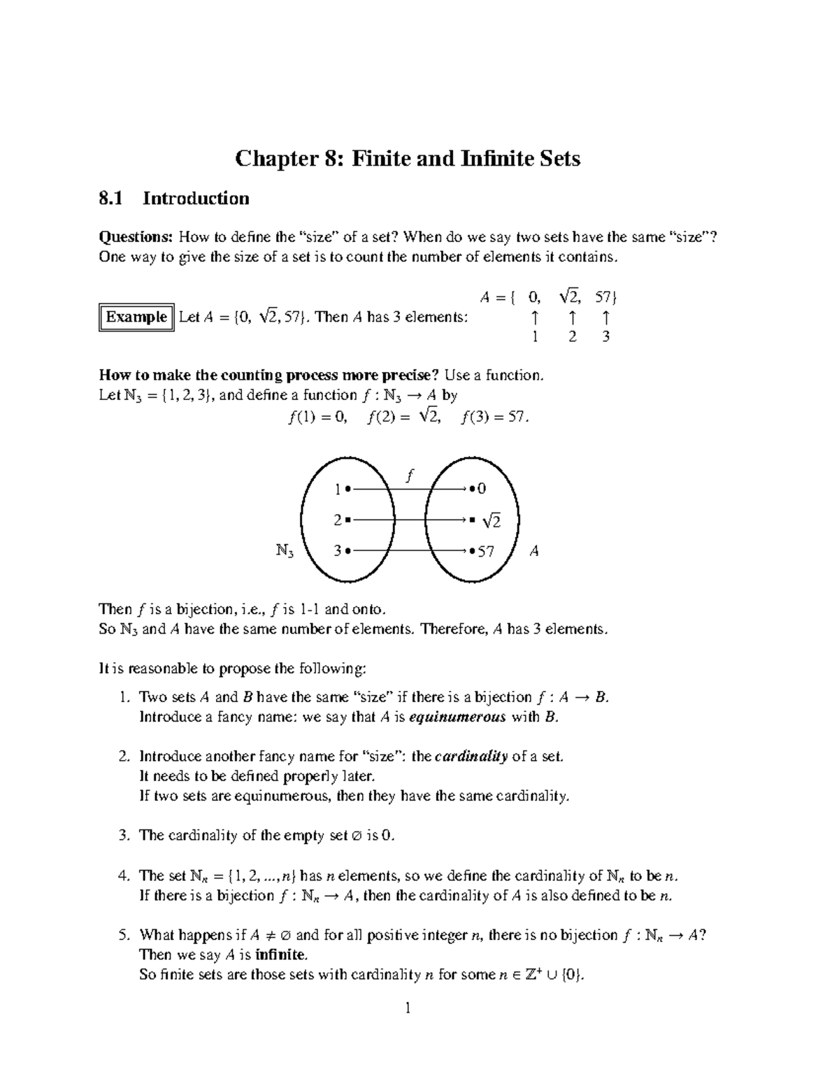 Chapter 8 - Chapter 8: Finite and Infinite Sets 8 Introduction Questions: How to define the ...