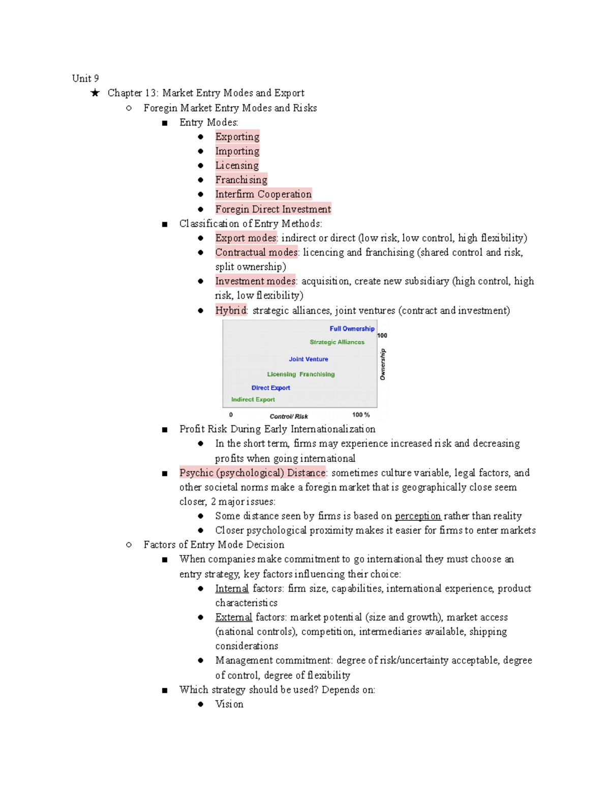 Chapter 13 notes - Unit 9 ★ Chapter 13: Market Entry Modes and Export ...