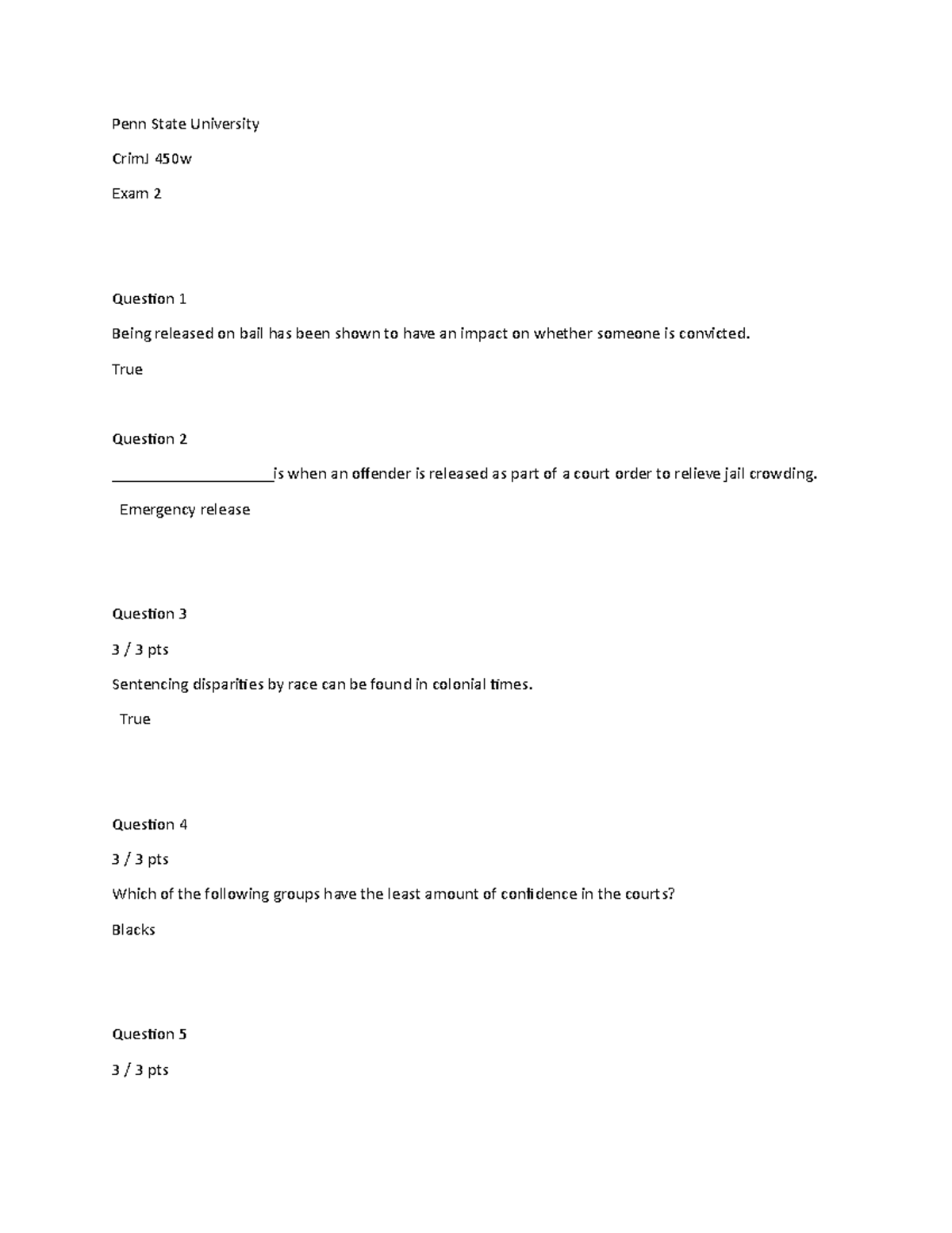 Crim J 450w Exam 2 - Penn State University CrimJ 450w Exam 2 Question 1 ...
