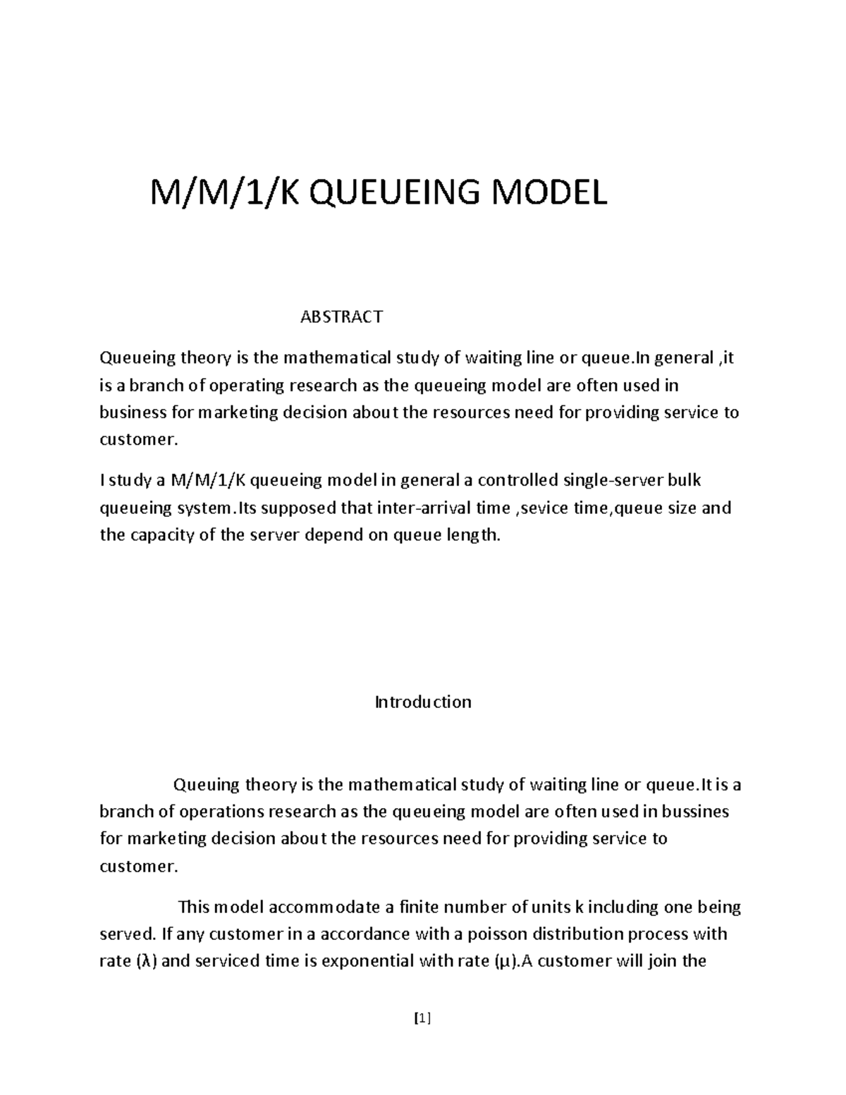 M M 1 K Queueing Model - M/M/1/K QUEUEING MODEL ####### ABSTRACT ...