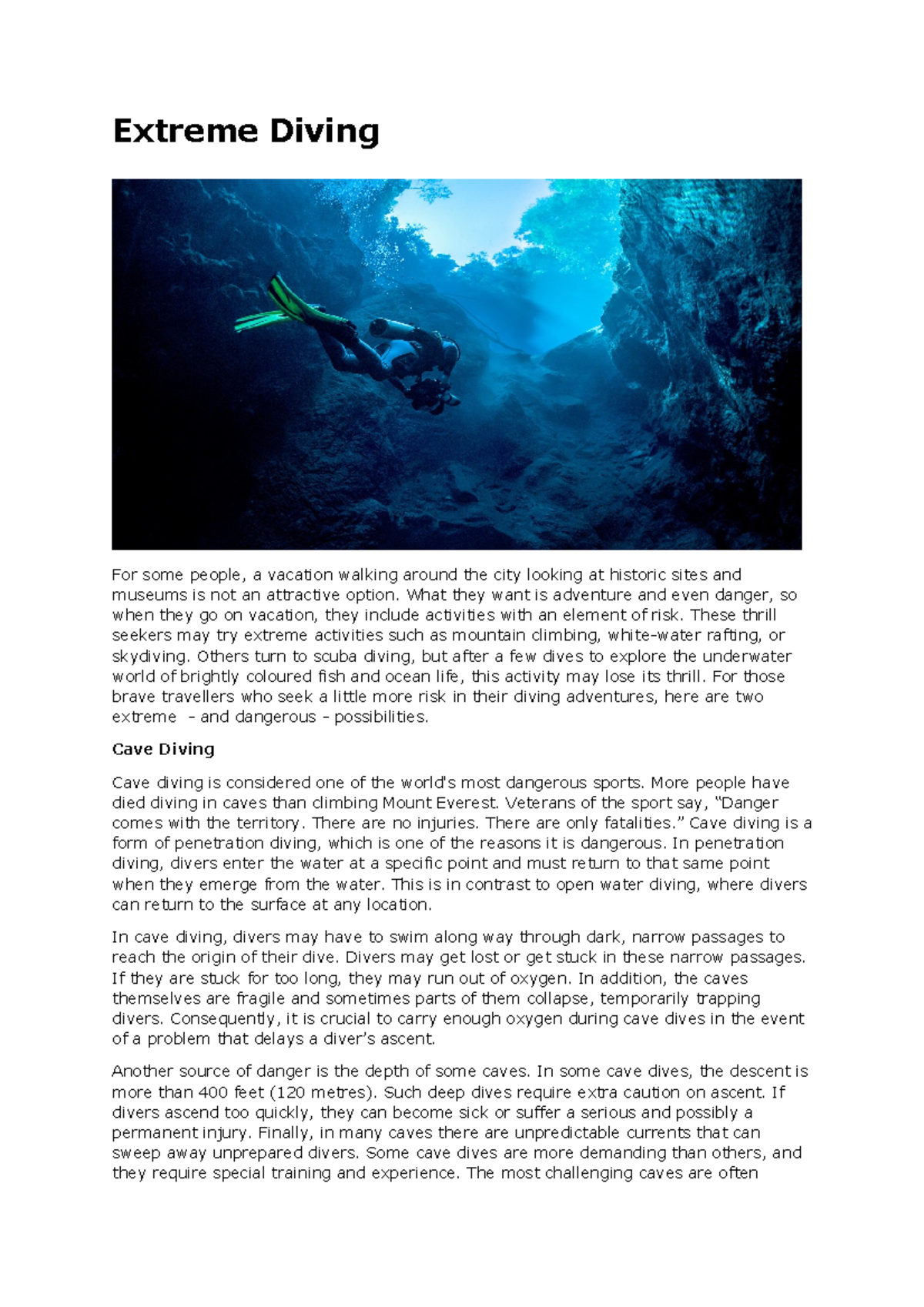 Reading 2 - Extreme Diving - Extreme Diving For some people, a vacation ...