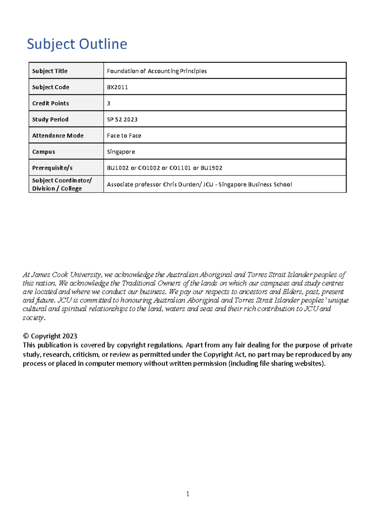 BX2011 SP 52 2023 - Subject Outline Subject Title Foundation of ...