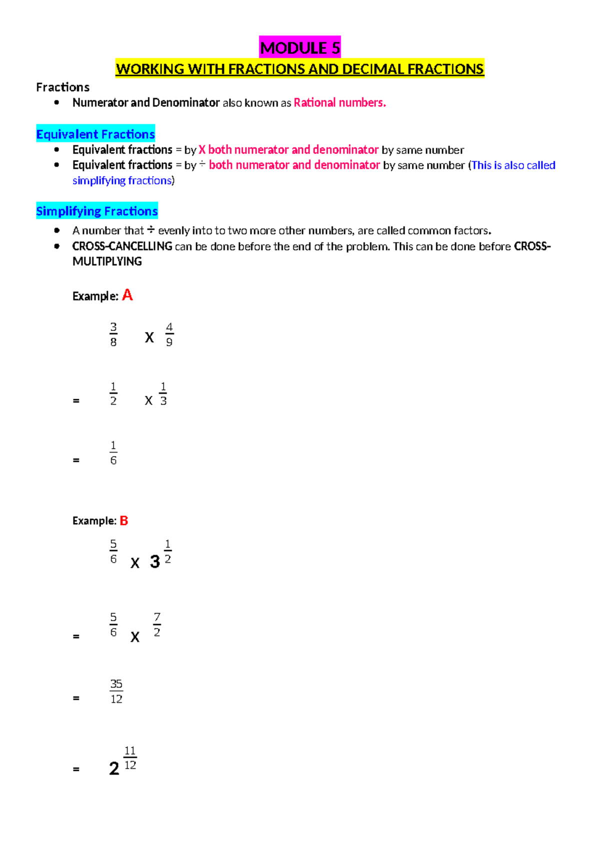 Module 5 - Working WITH Fractions AND Decimal Numbers - MODULE 5 ...