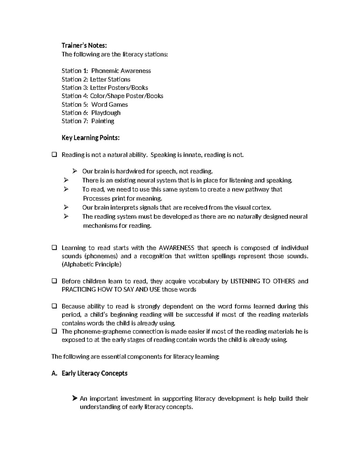 Handouts on Literacy Learning - Trainer’s Notes: The following are the ...