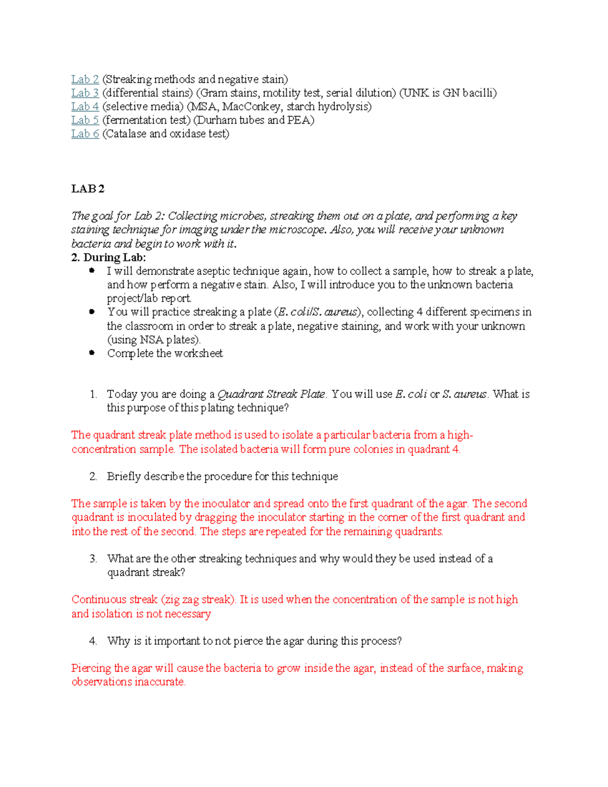 Lab 2-6 combined - detailed lab assignments for Professor Crump - Lab 2 (Streaking methods and ...