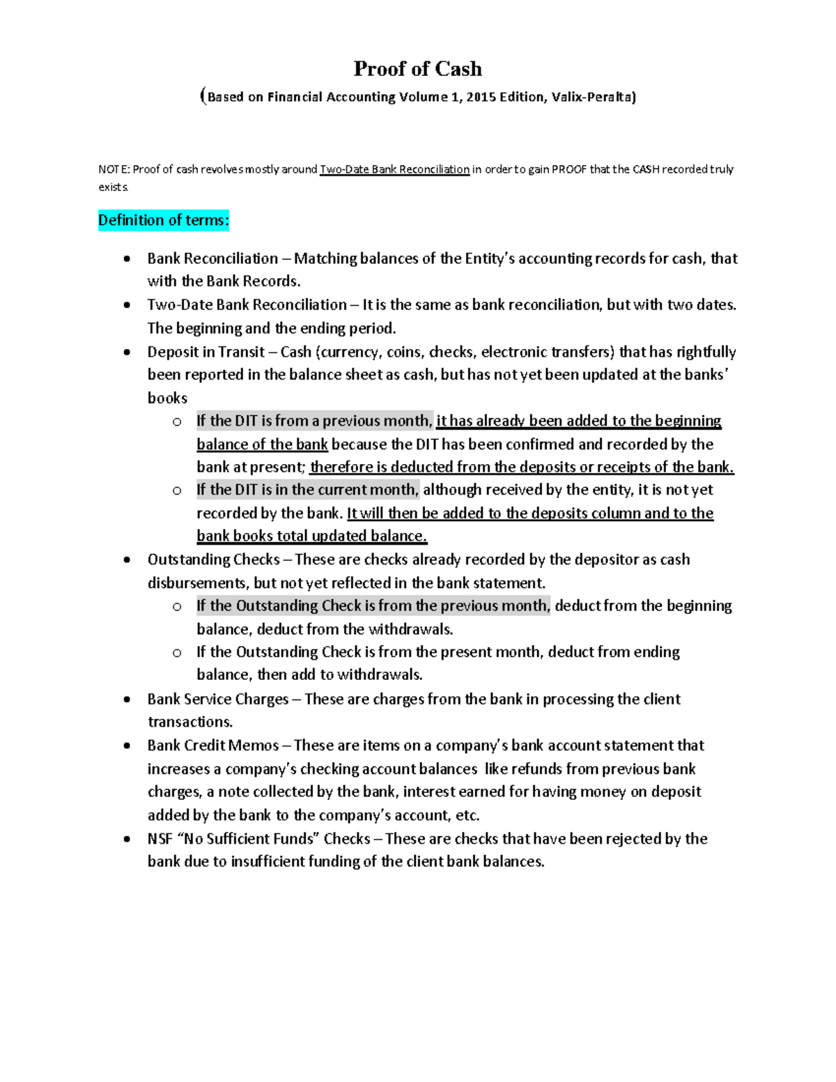 Chap 9- proof of cash Fin acct 1- Barter Summary Team - Proof of Cash ...
