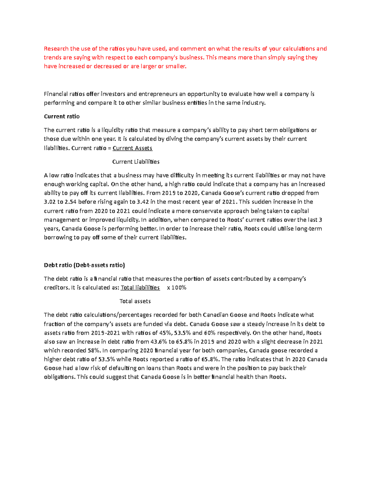 Accounting Assignment - Research the use of the ratios you have used ...