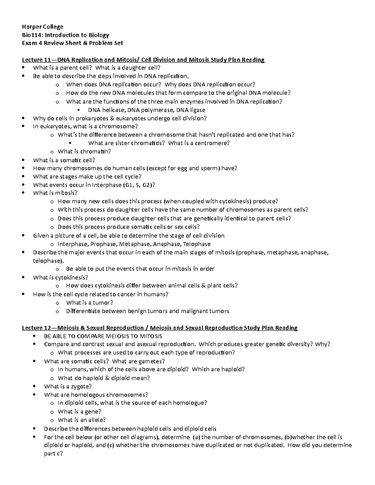Lecture Exam4 Review Fall2020 - Harper College Bio114: Introduction to ...