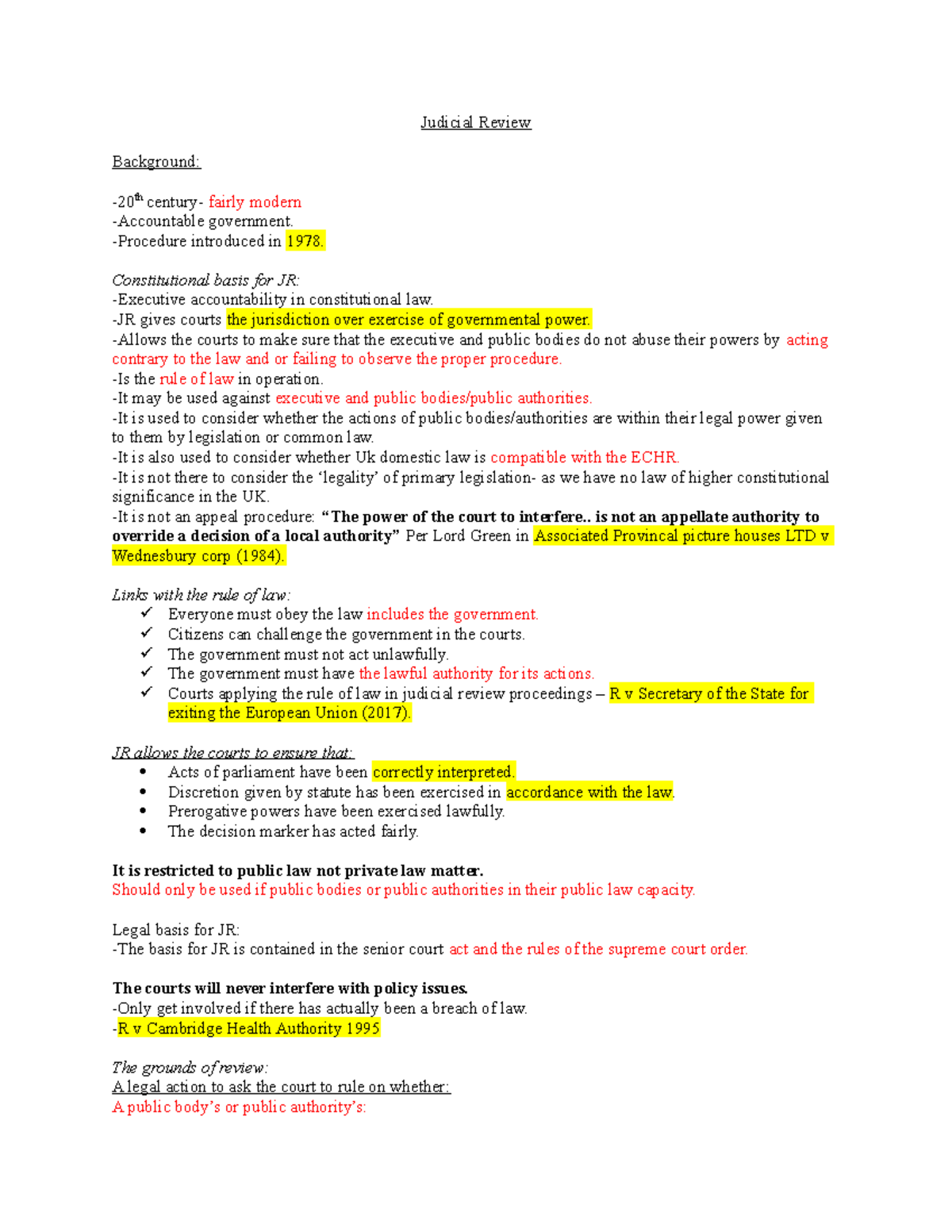 Part 2 Public Law Lecture Notes 1 9 Judicial Review Background 20th Century Fairly Modern