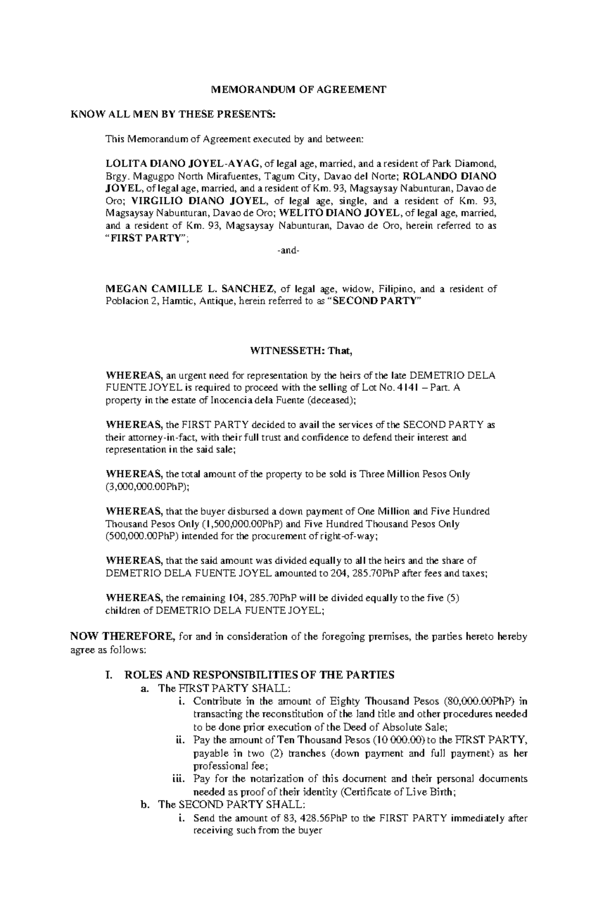 Memorandum OF Agreement - Magugpo North Mirafuentes, Tagum City, Davao ...