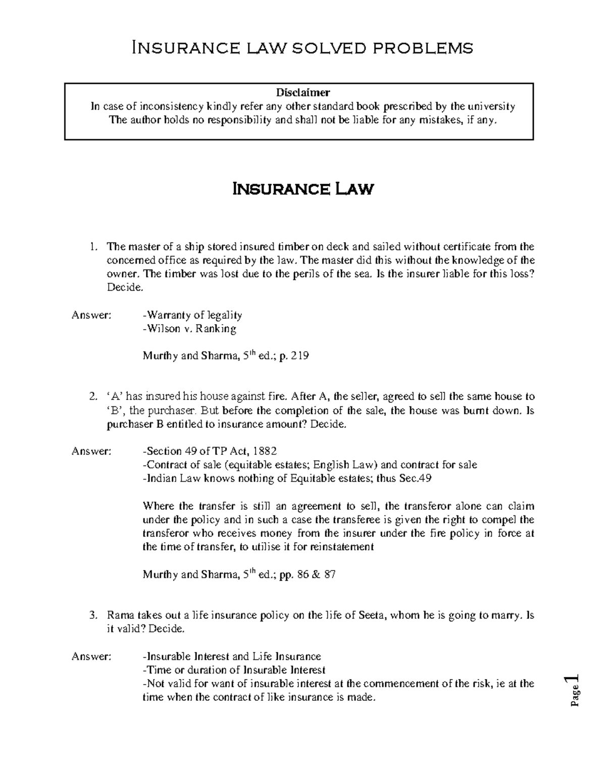 Insurance problems - 1 Disclaimer In case of inconsistency kindly refer ...