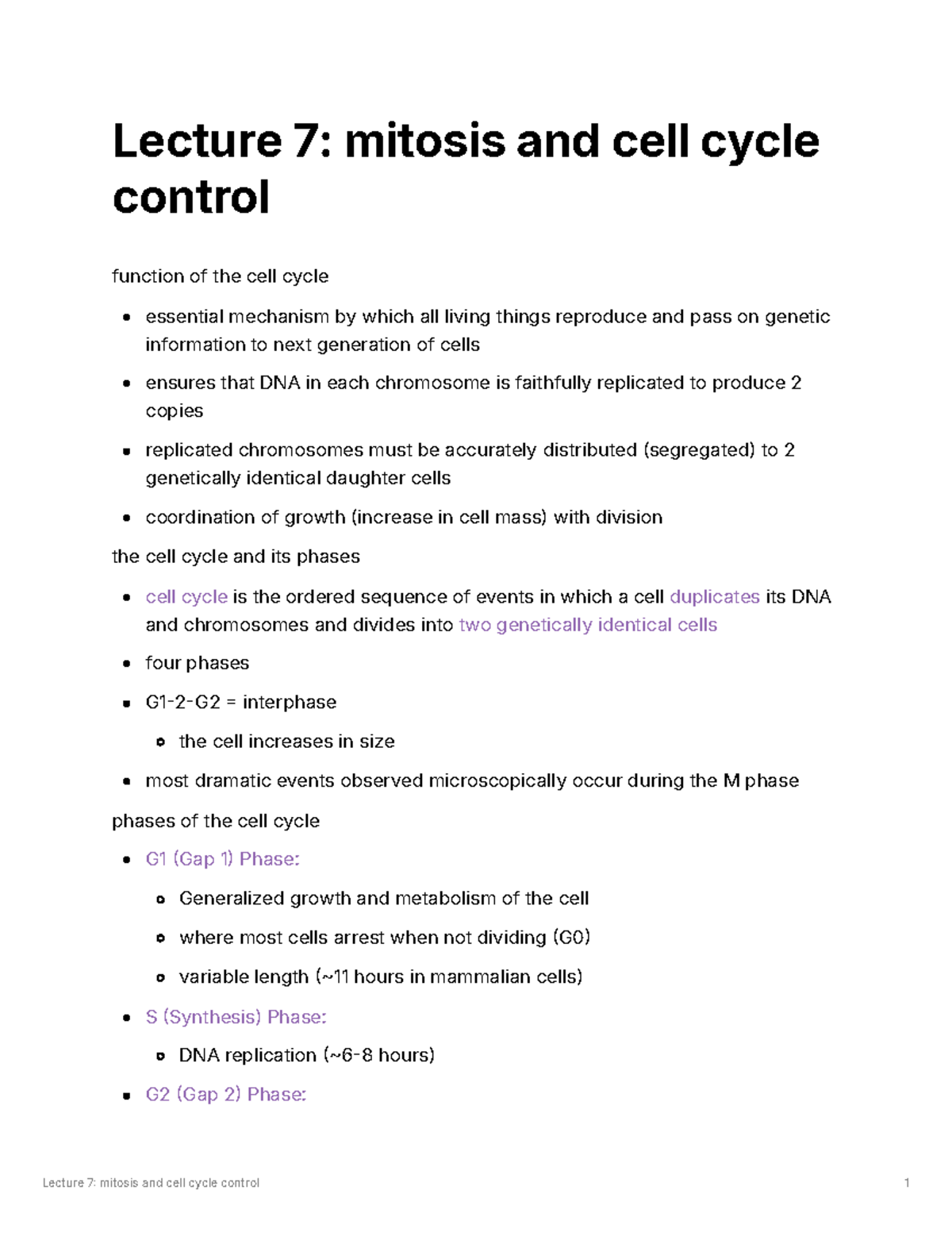 Lecture 7 mitosis and cell cycle control - Lecture 7: mitosis and cell ...
