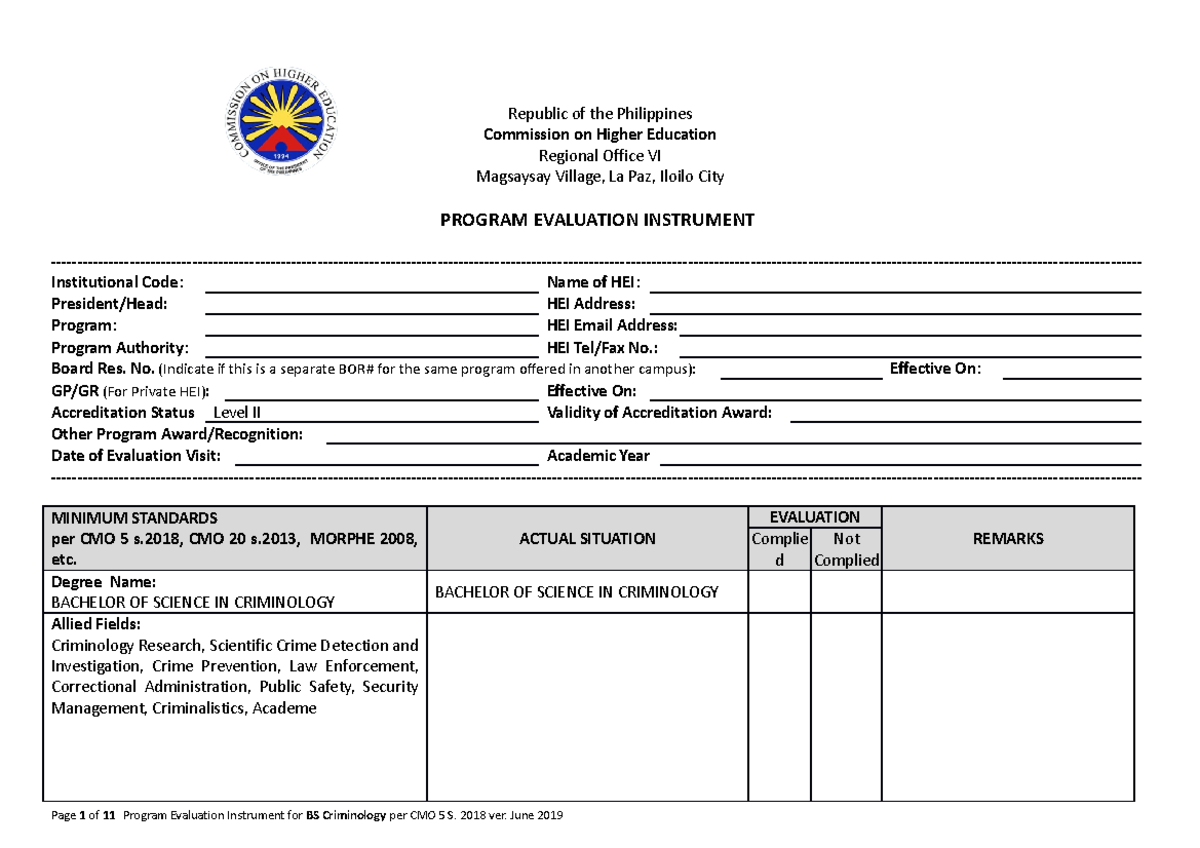 Bs Criminology Monitoring Evaluation Tool Republic Of The