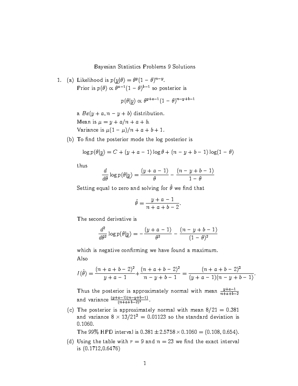 Problems 9 Solutions 202021 Bayesian Statistics Problems 9 Solutions A Likelihood Ispyθ