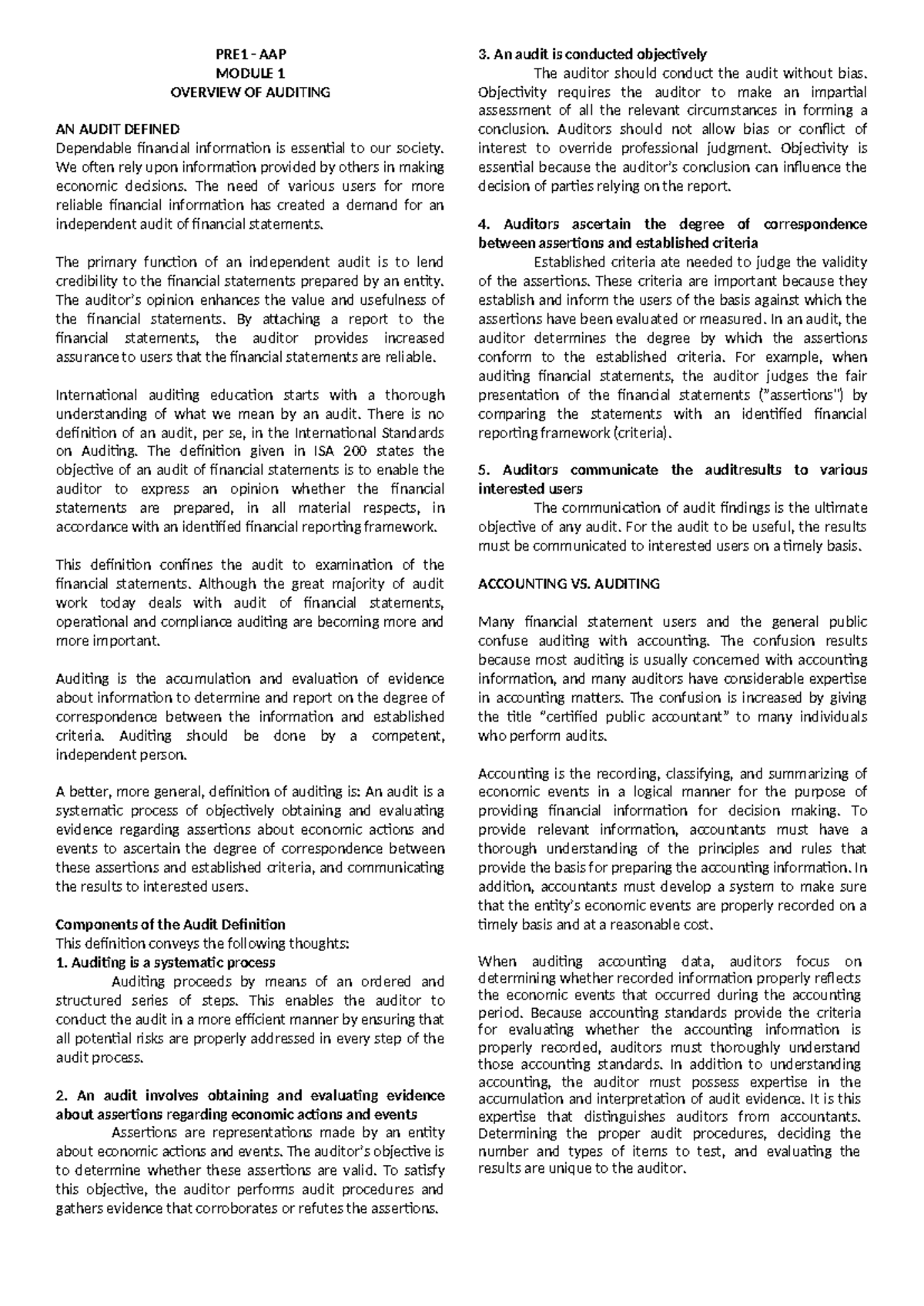PRE1 - AAP - PRE1 - AAP MODULE 1 OVERVIEW OF AUDITING AN AUDIT DEFINED Dependable financial ...