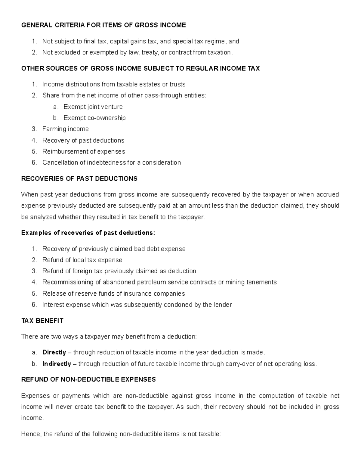 Tax chap 9 - lecture - GENERAL CRITERIA FOR ITEMS OF GROSS INCOME Not ...