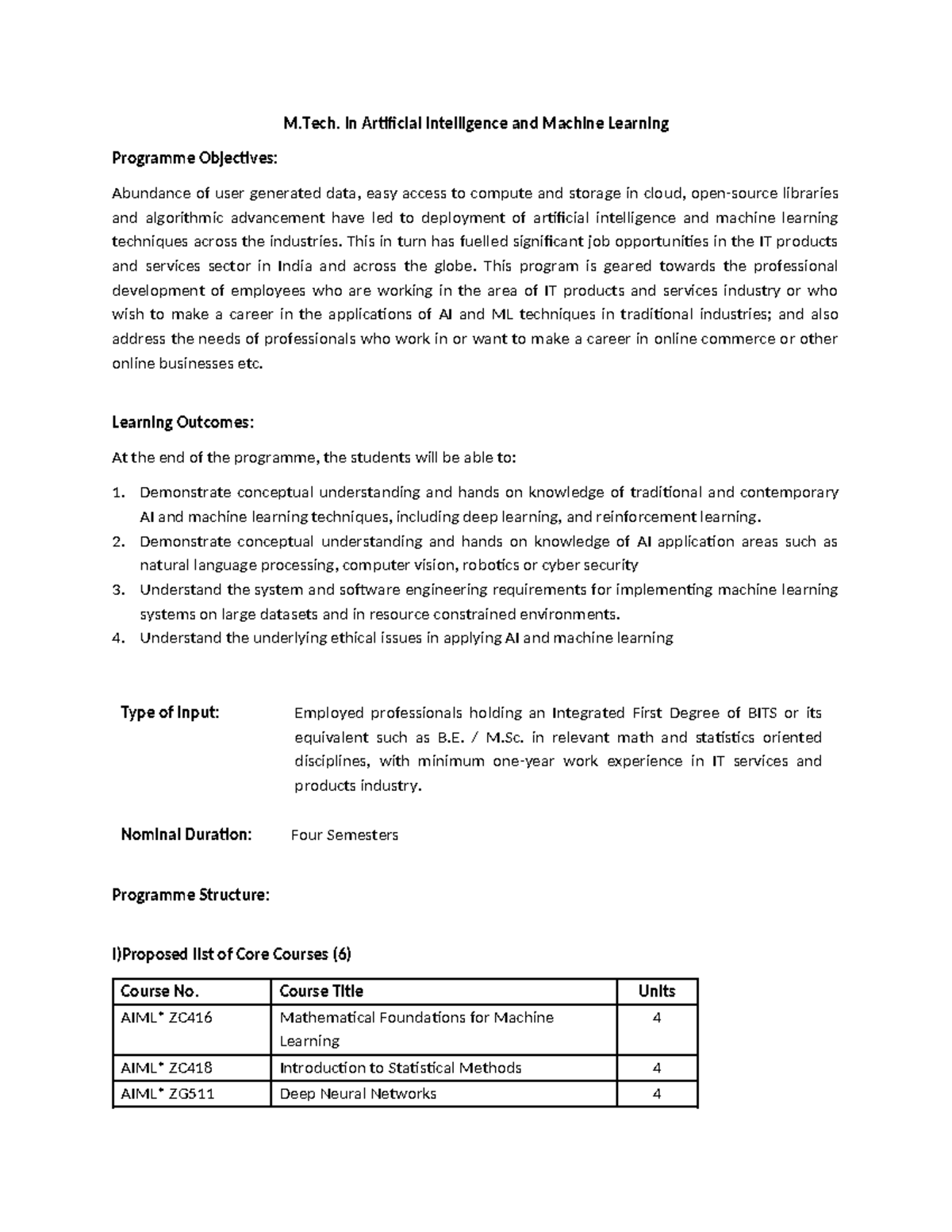 Mtech AI Curiculum details - M. in Artificial Intelligence and Machine Learning Programme - Studocu