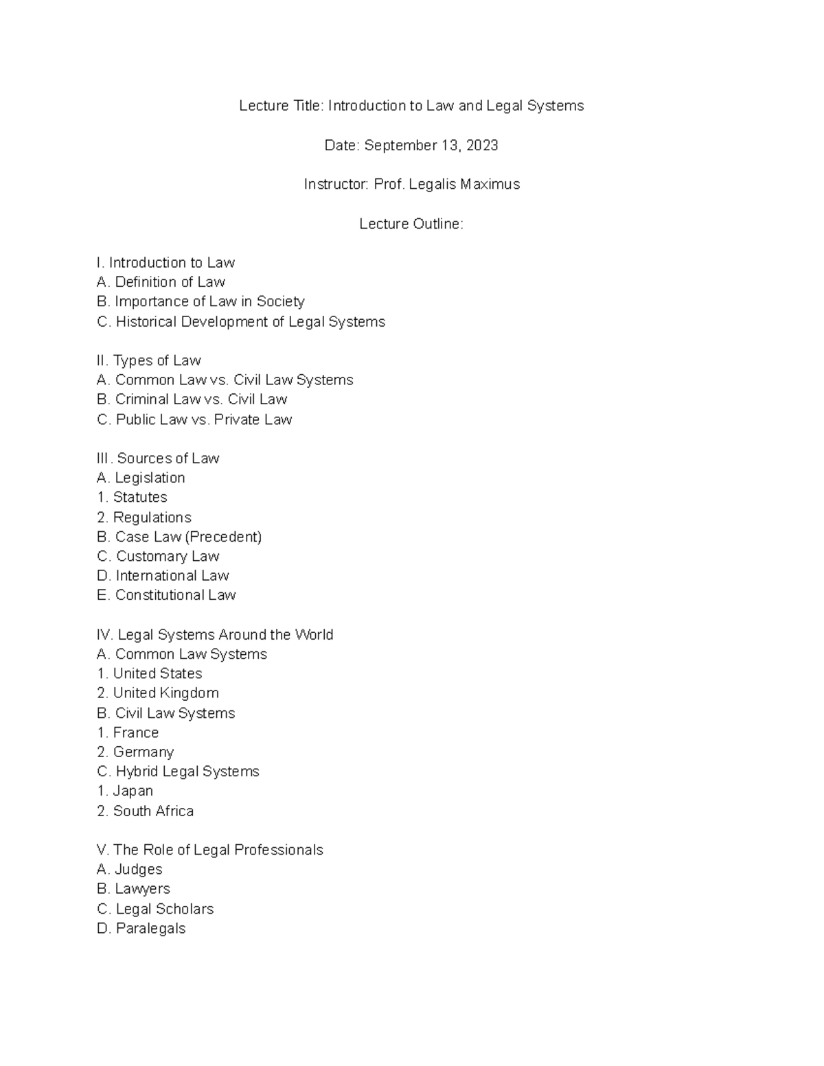 Lecture Title Introduction to Law and Legal Systems - Legalis Maximus ...