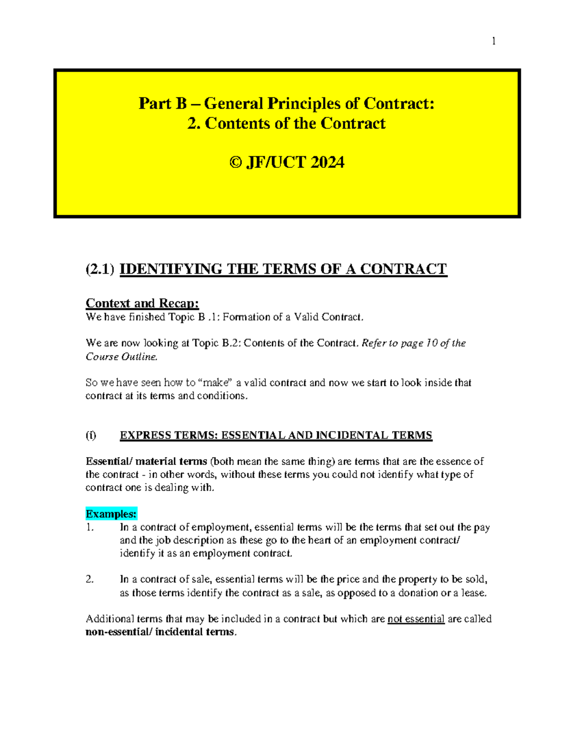 Contents of a Contract Topic 2.1 - Selft Study Notes 2024 - (2 ...