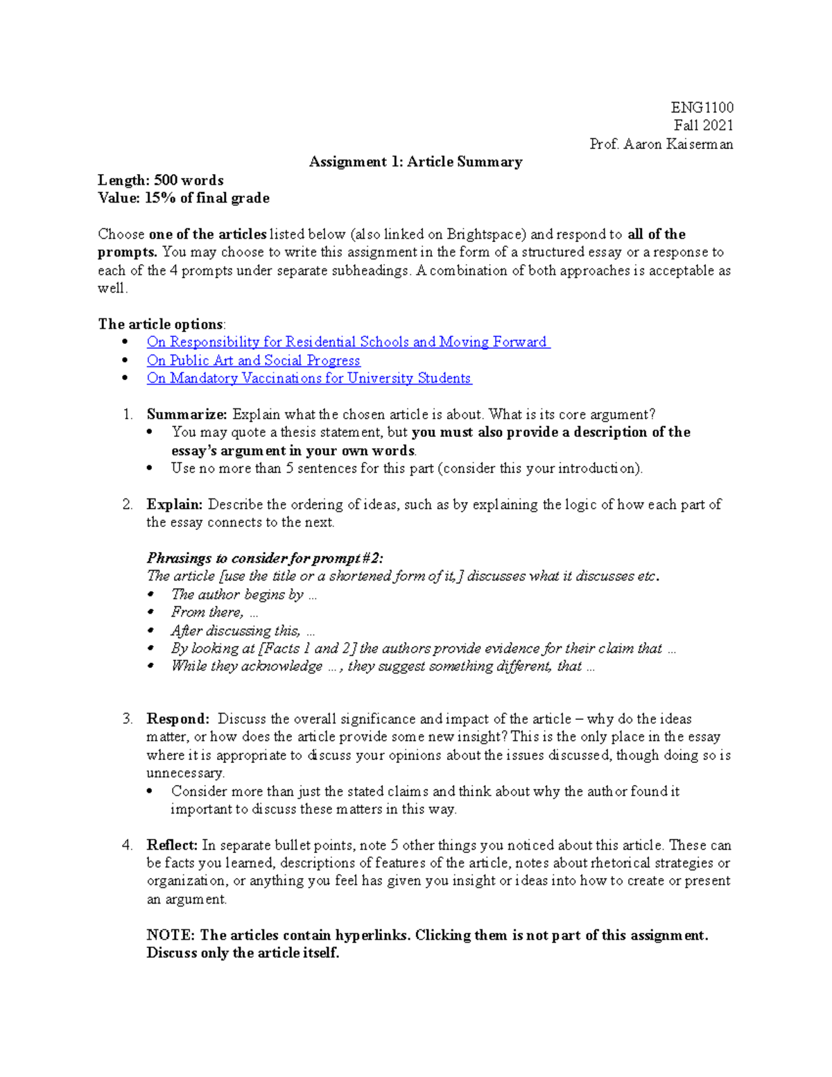 Article Summary Assignment ENG1100 2021 - ENG Fall 2021 Prof. Aaron ...