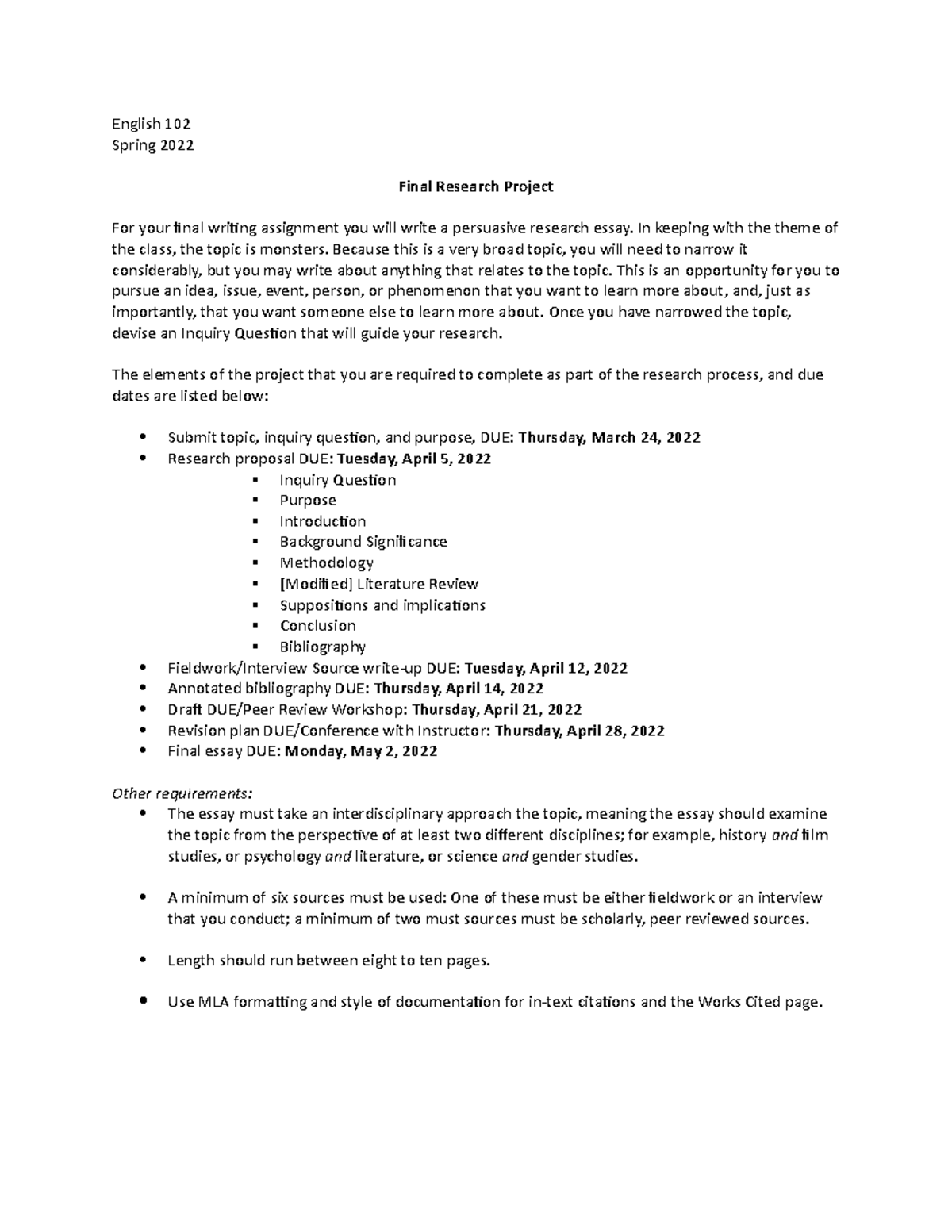 Final Research Project - English 102 Spring 2022 Final Research Project ...