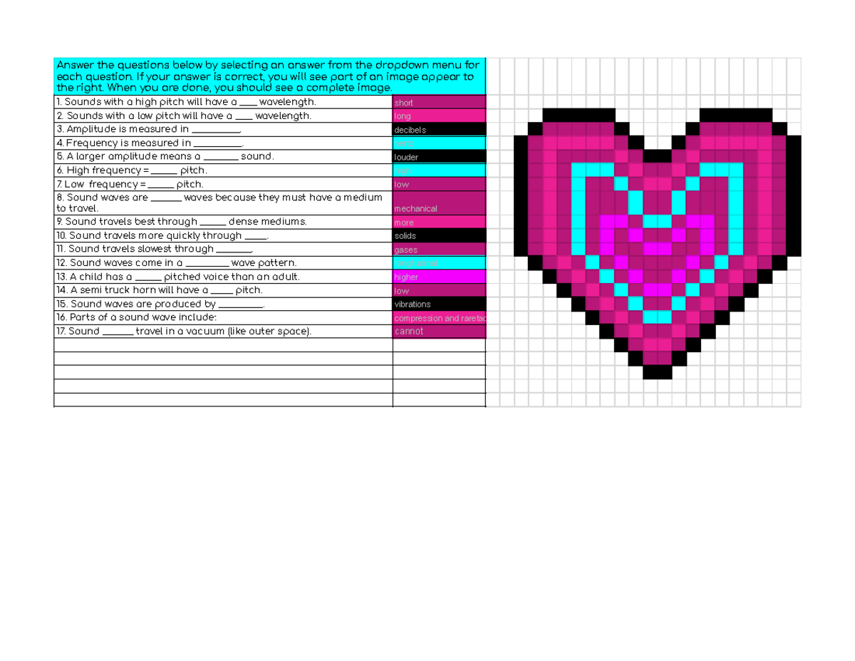 Sound Waves Pixel Art - Sheet 1 - Answer the questions below by ...