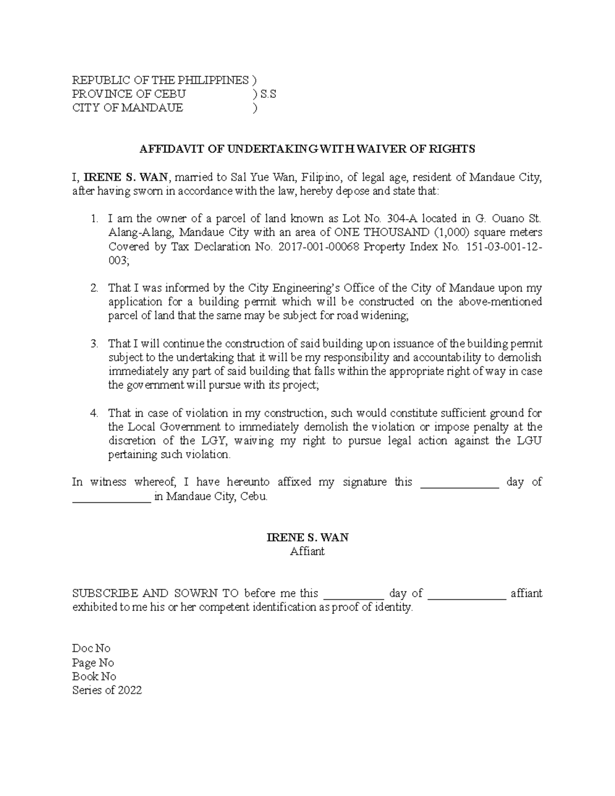 Affidavit of Undertaking - REPUBLIC OF THE PHILIPPINES ) PROVINCE OF ...
