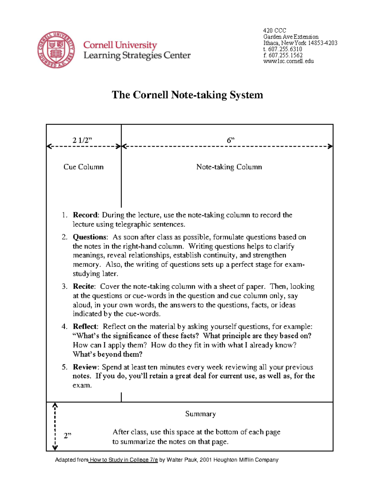 Cornell-Note Taking-System - Adapted from How to Study in College 7/e ...
