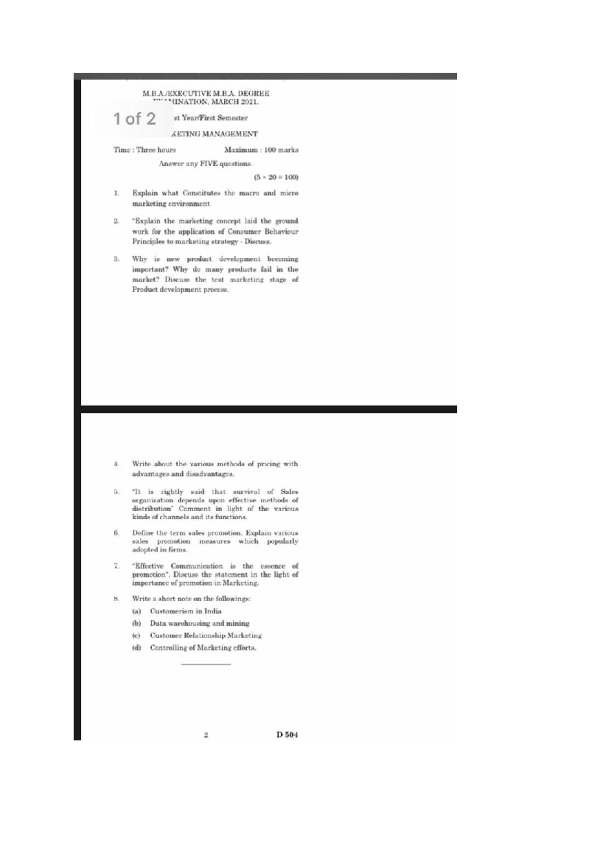 Mba2 - question papers of 1 st year MBA - Marketing Management - Studocu