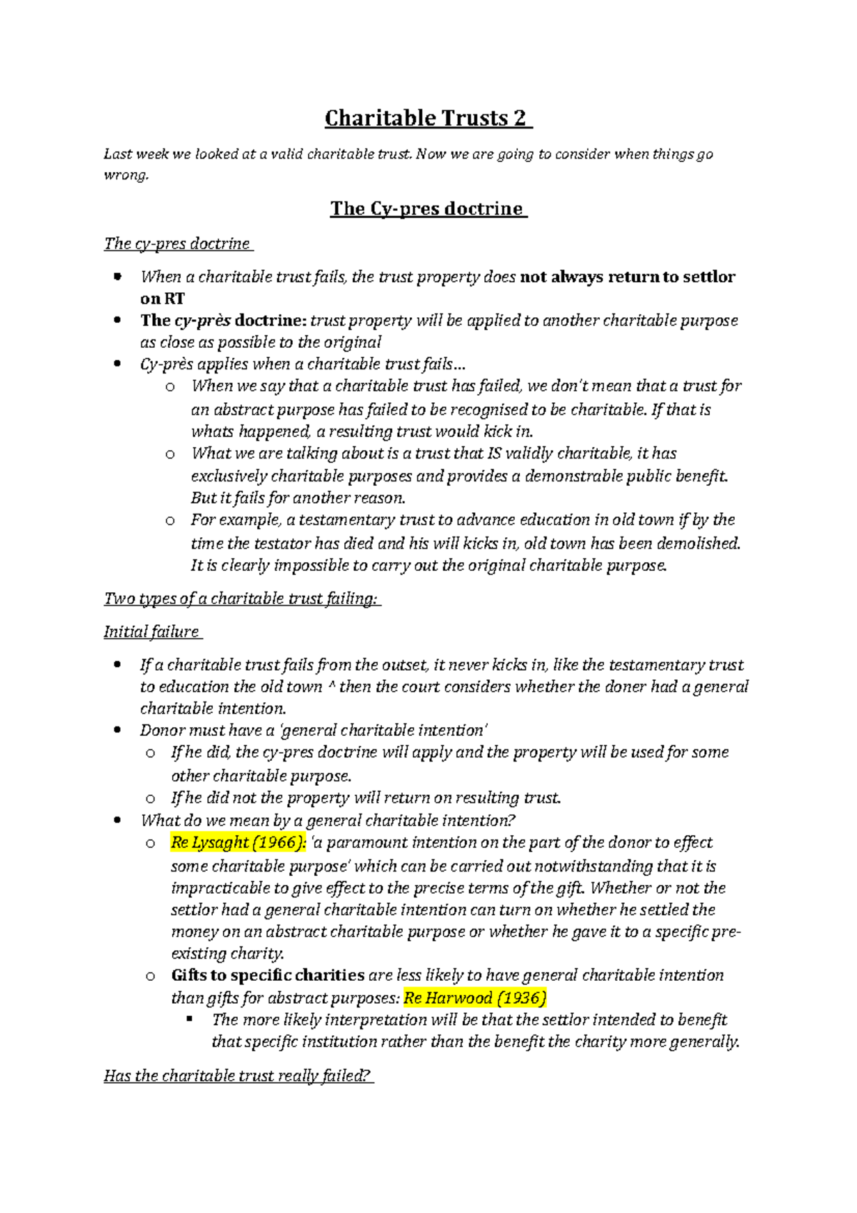 Charitable Trusts - Lecture notes - Charitable Trusts 2 Last week we ...