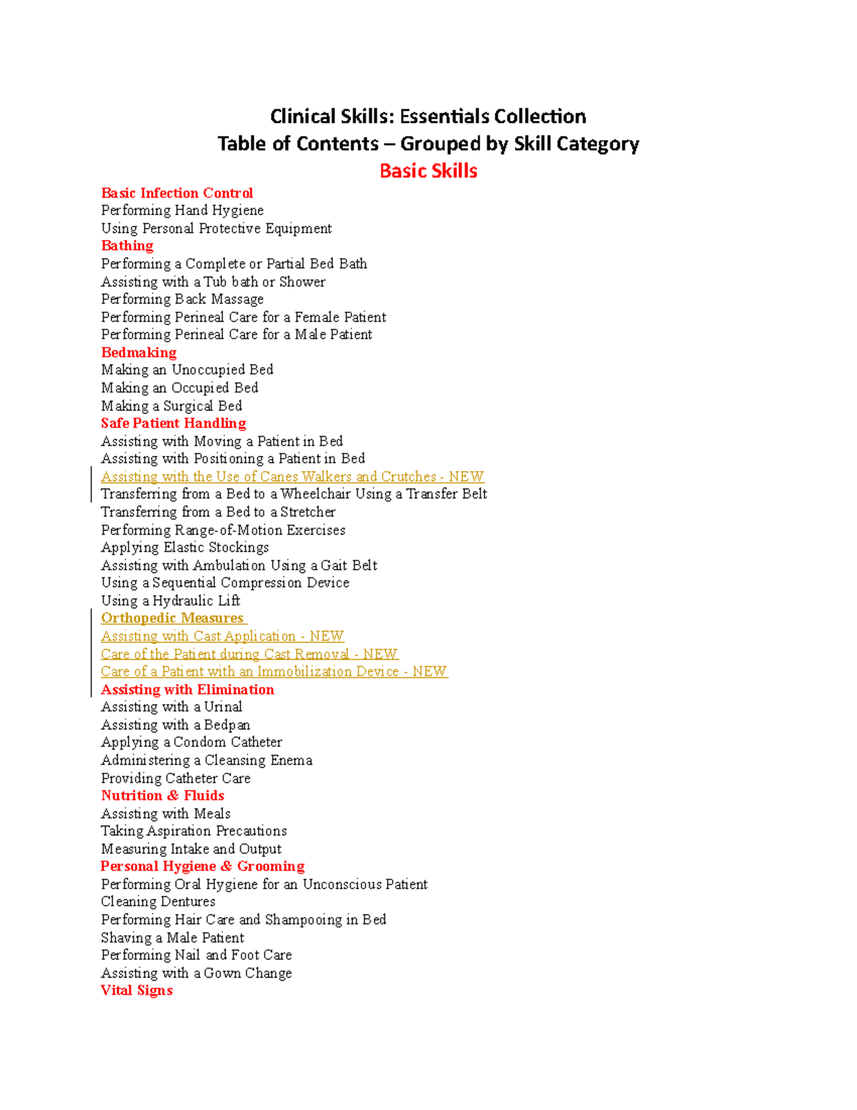 TOC by Categories 2019 - Clinical Skills: Essentials Collection Table ...
