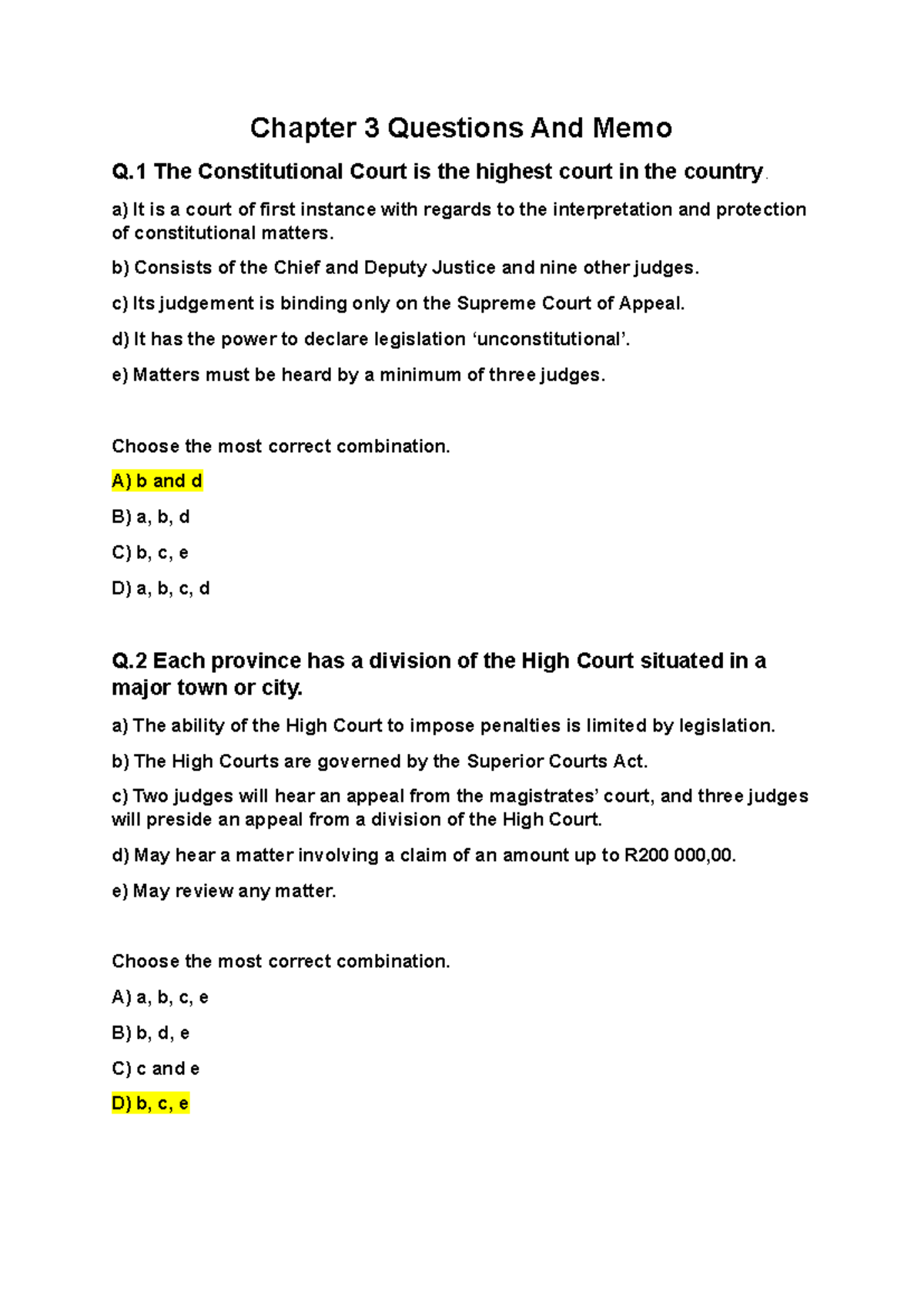 Chapter 3 LMER 1514 Tutorial 3 Memo - Chapter 3 Questions And Memo Q The Constitutional Court is ...