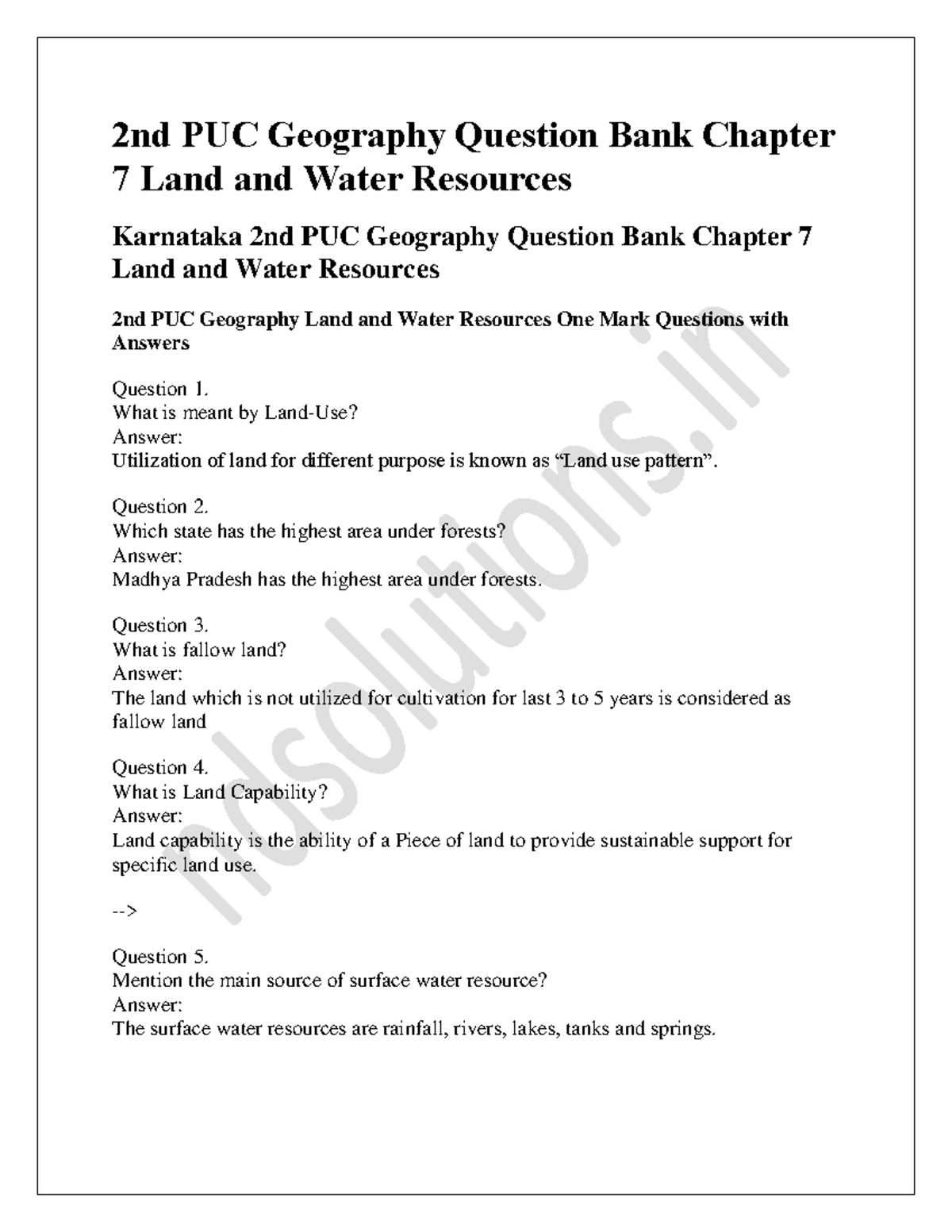 2nd PUC Geography Question Bank Chapter 7 Land and Water Resources ...
