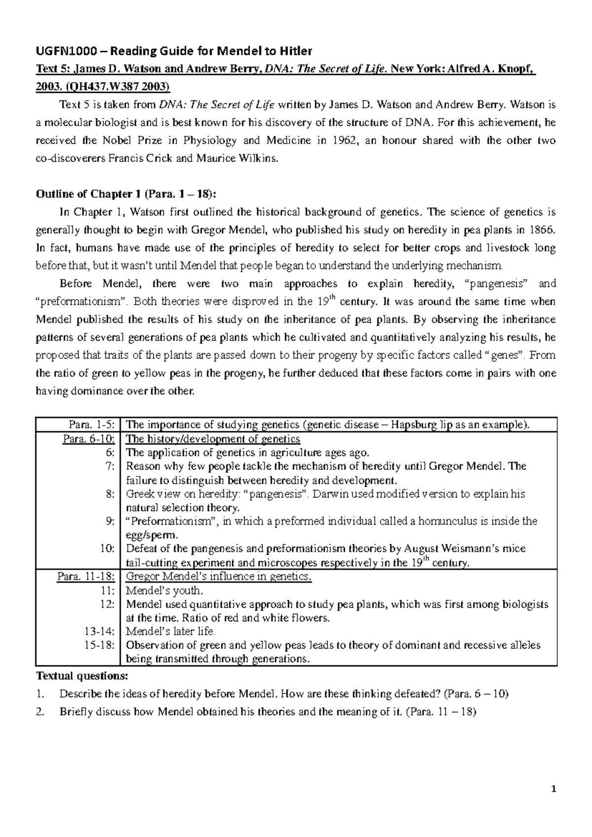 06Reading Guide-Mendel To Hitler - UGFN1000 – Reading Guide for Mendel ...