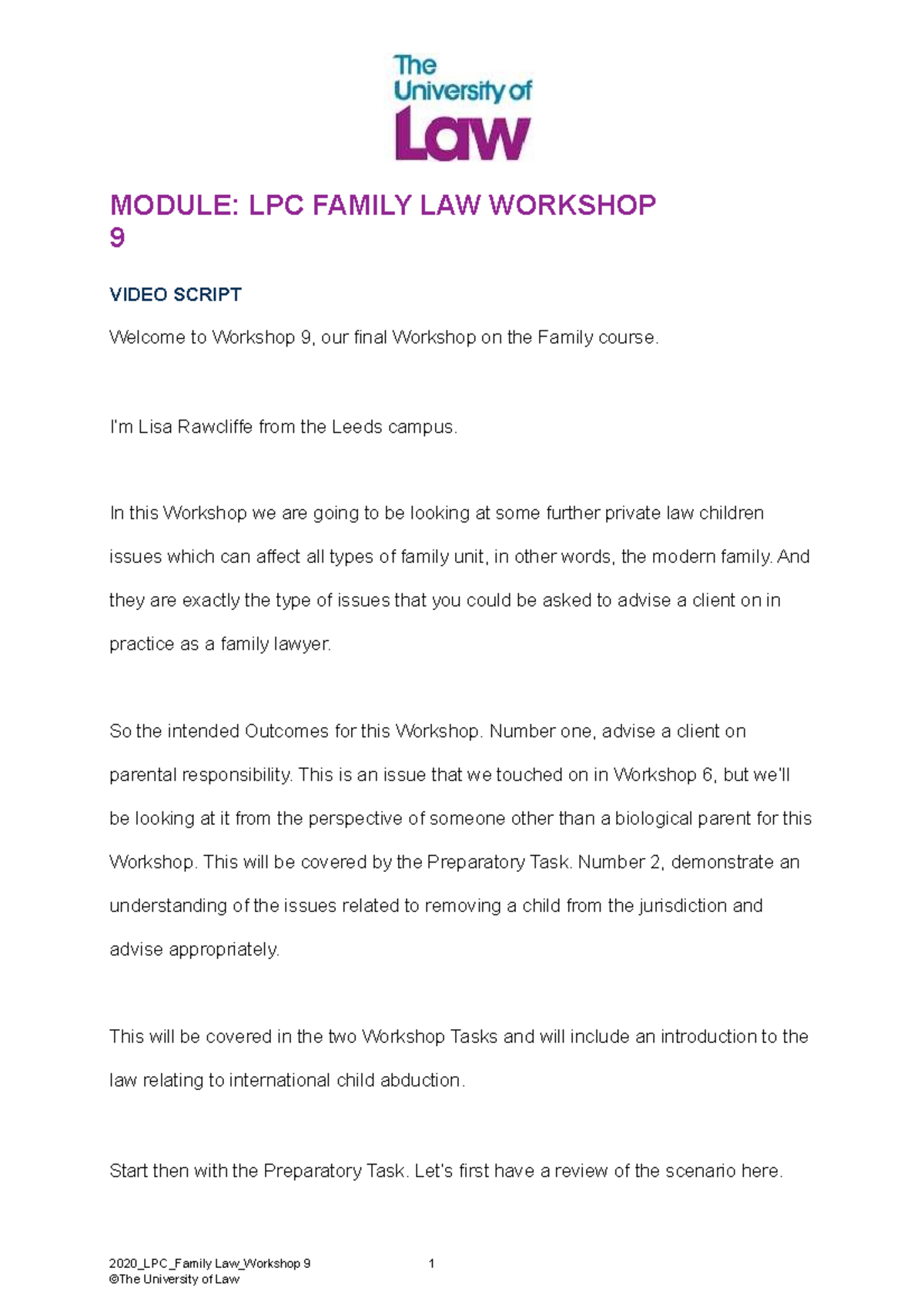 Family Law Workshop 9 - MODULE: LPC FAMILY LAW WORKSHOP 9 VIDEO SCRIPT ...
