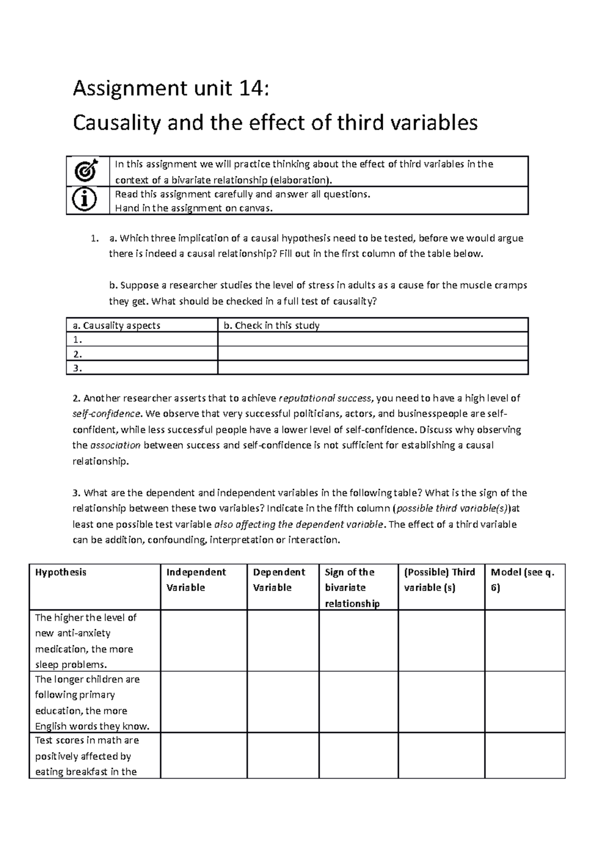 Unit 14 - Assignment without answers - Assignment unit 14: Causality and the effect of third ...
