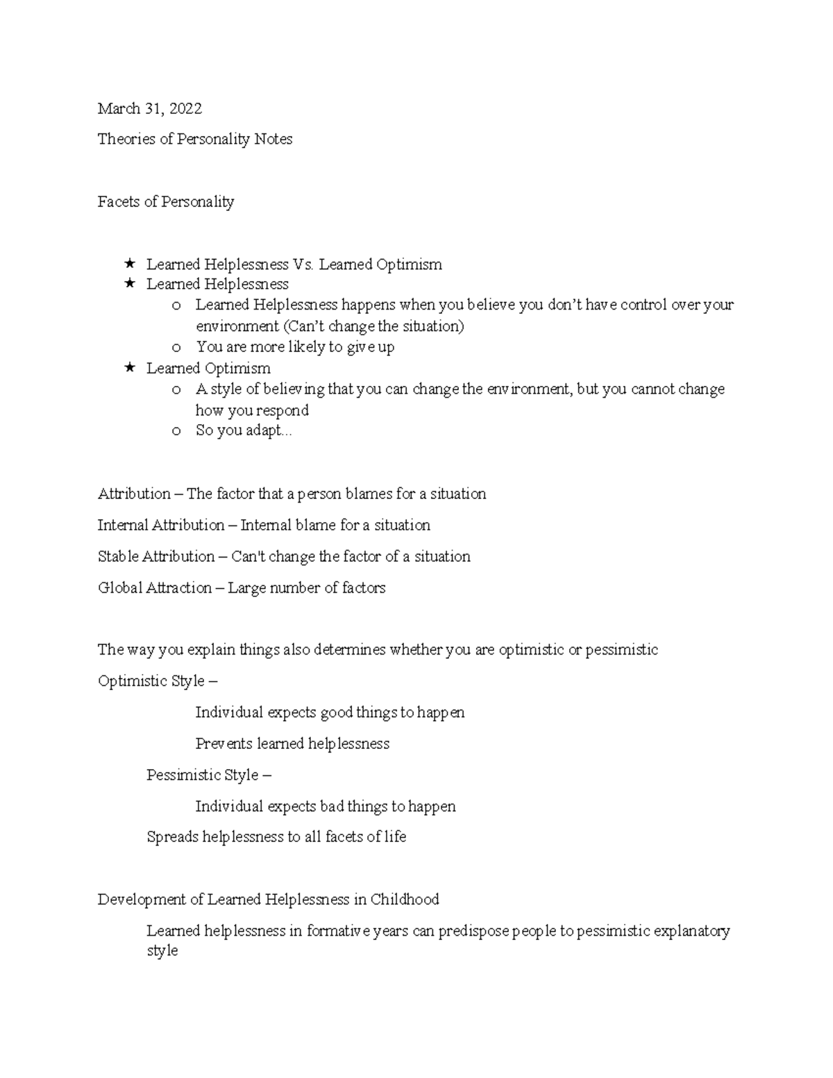 Facets of Personality - March 31, 2022 Theories of Personality Notes ...
