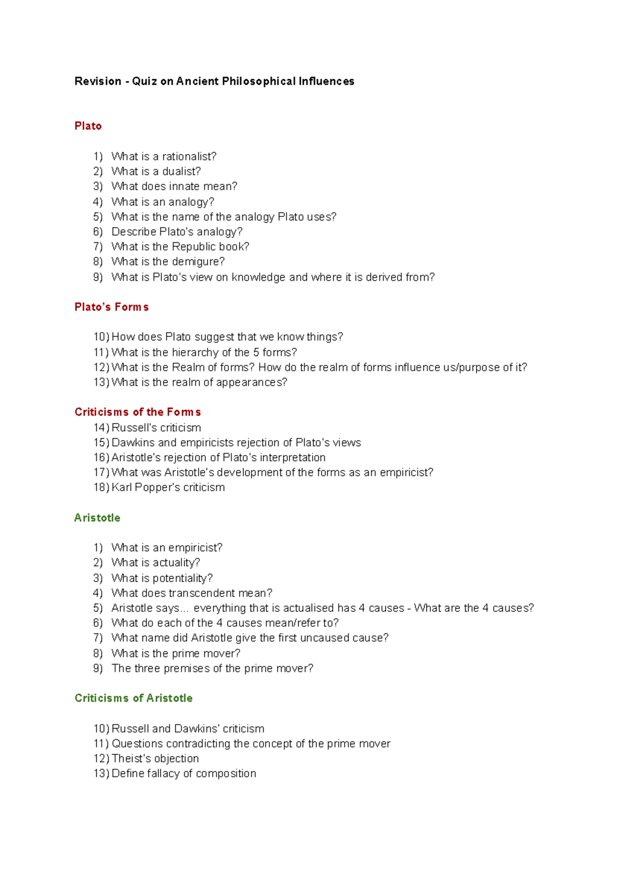 Quiz - Ancient Philosophical Influences & Mind Body and Soul - Revision ...