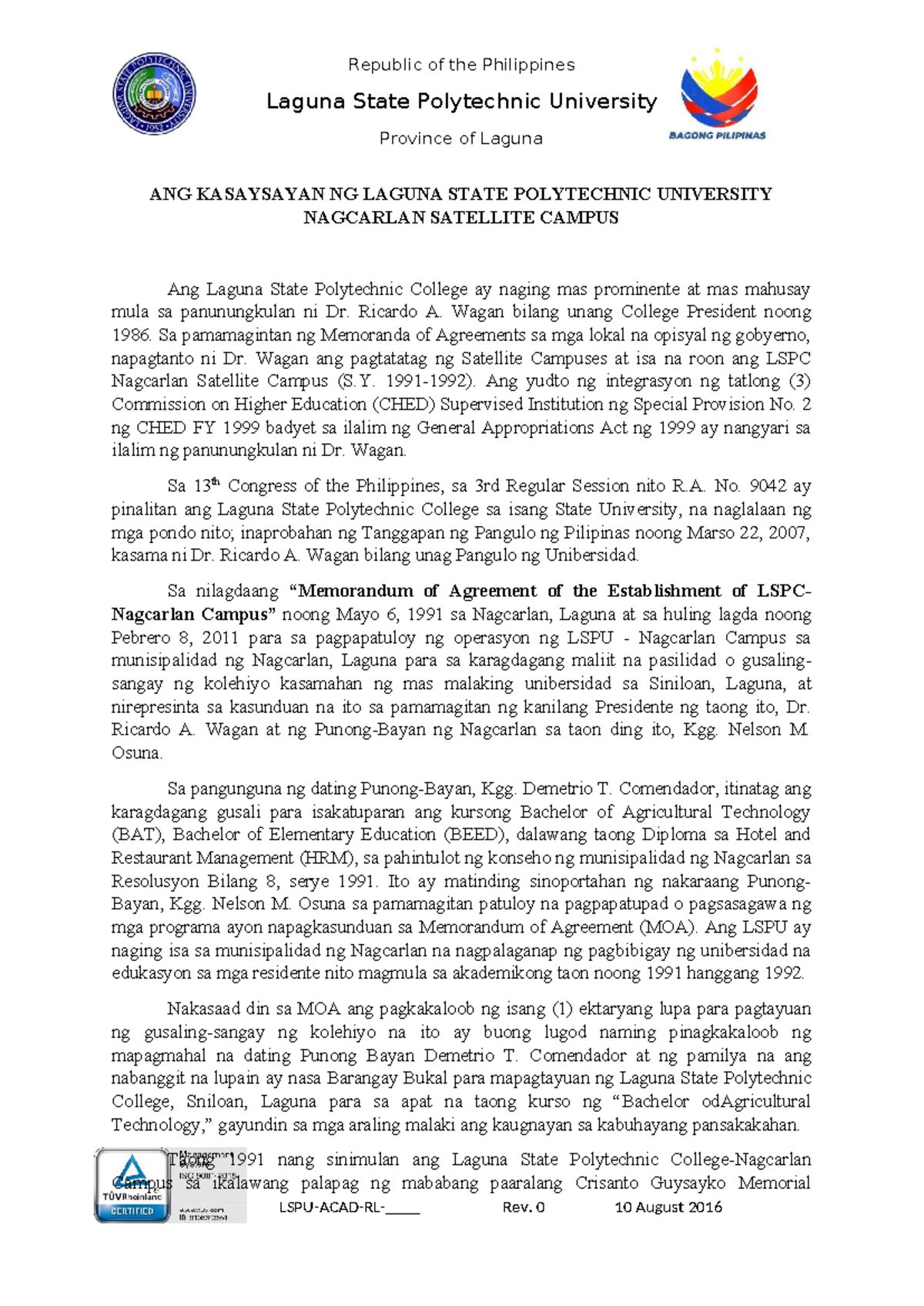 THE History OF Laguna State Polytechnic University Nagcarlan Satellite Campus - Laguna State ...