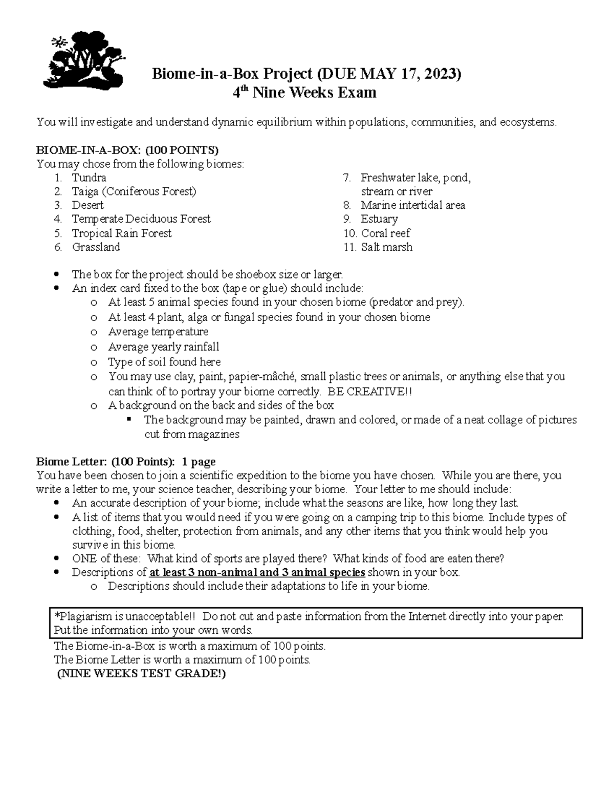 Biome in a box project - Biome-in-a-Box Project (DUE MAY 17, 2023) 4 th ...