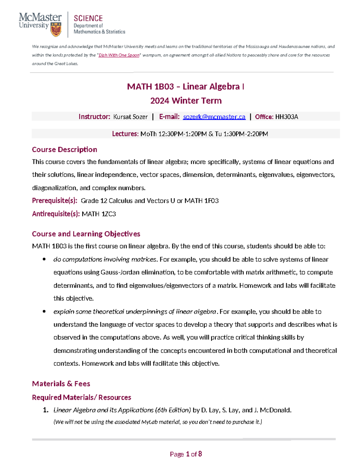 MATH 1B03 - Winter 2024 - Summary Linear Algebra I - We recognize and acknowledge that McMaster ...