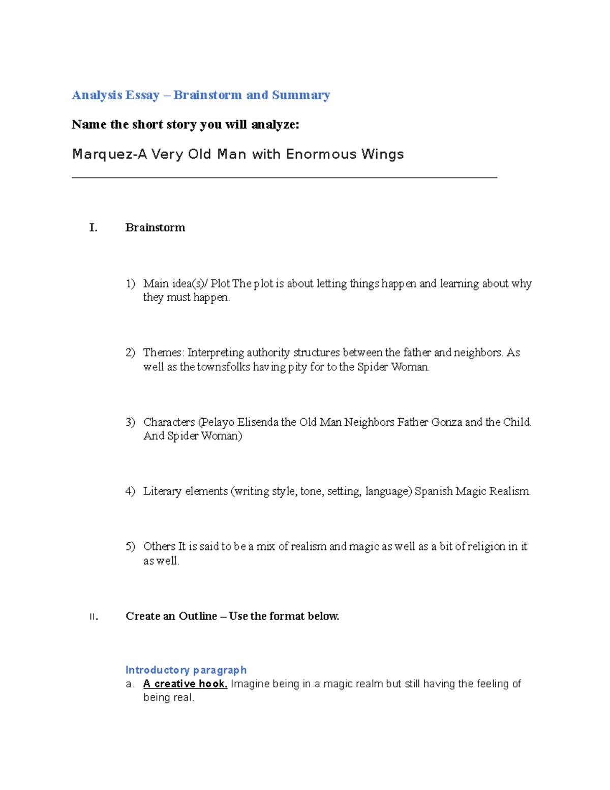 Analysis SS Brainstorm Outline - Analysis Essay – Brainstorm and ...