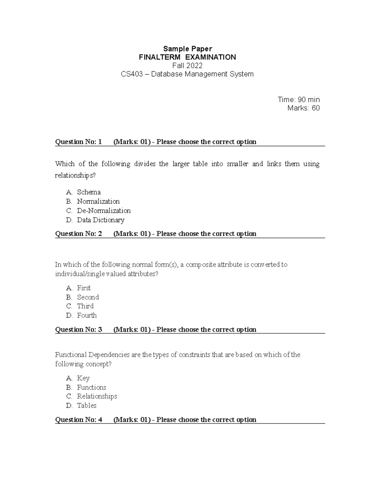 Sample Paper CS403 - notes - Sample Paper FINALTERM EXAMINATION Fall ...