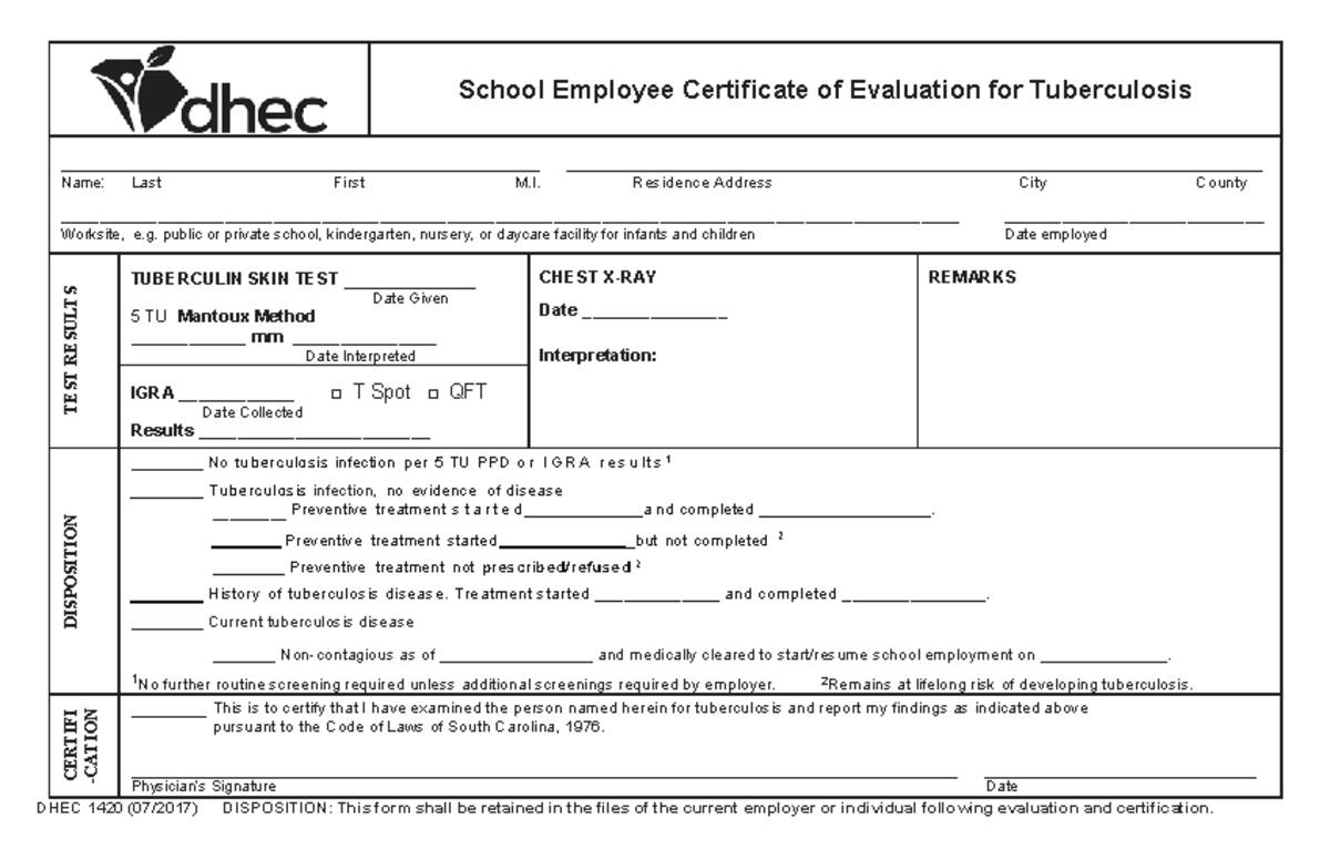 D-1420 TB - Example of test forms - School Employee Certificate of ...