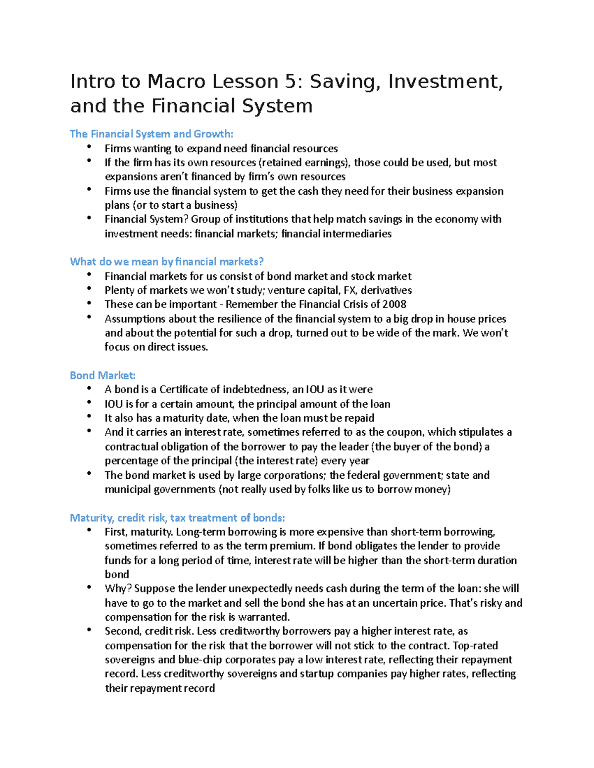 Intro to Macro Lesson 5 - Prof. Jonathan Ostry - Intro to Macro Lesson 5: Saving, Investment ...