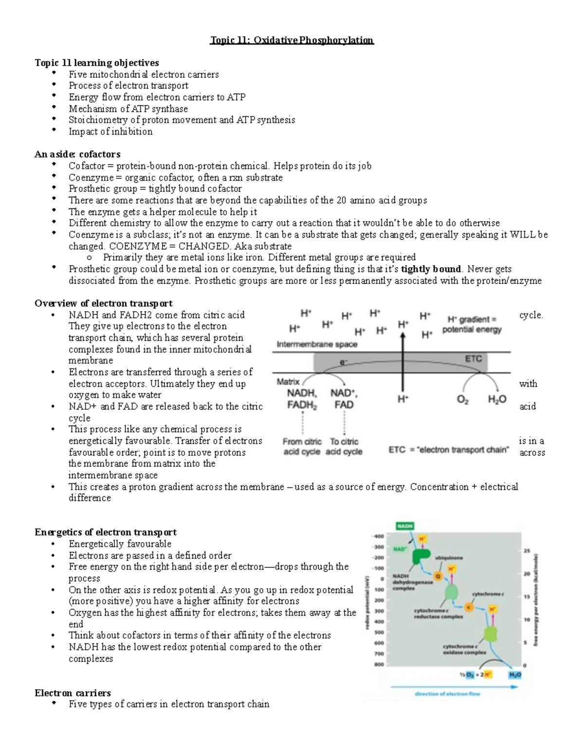 Biochemistry-Final-Notes - Topic 11: Oxidative Phosphorylation Topic 11 ...