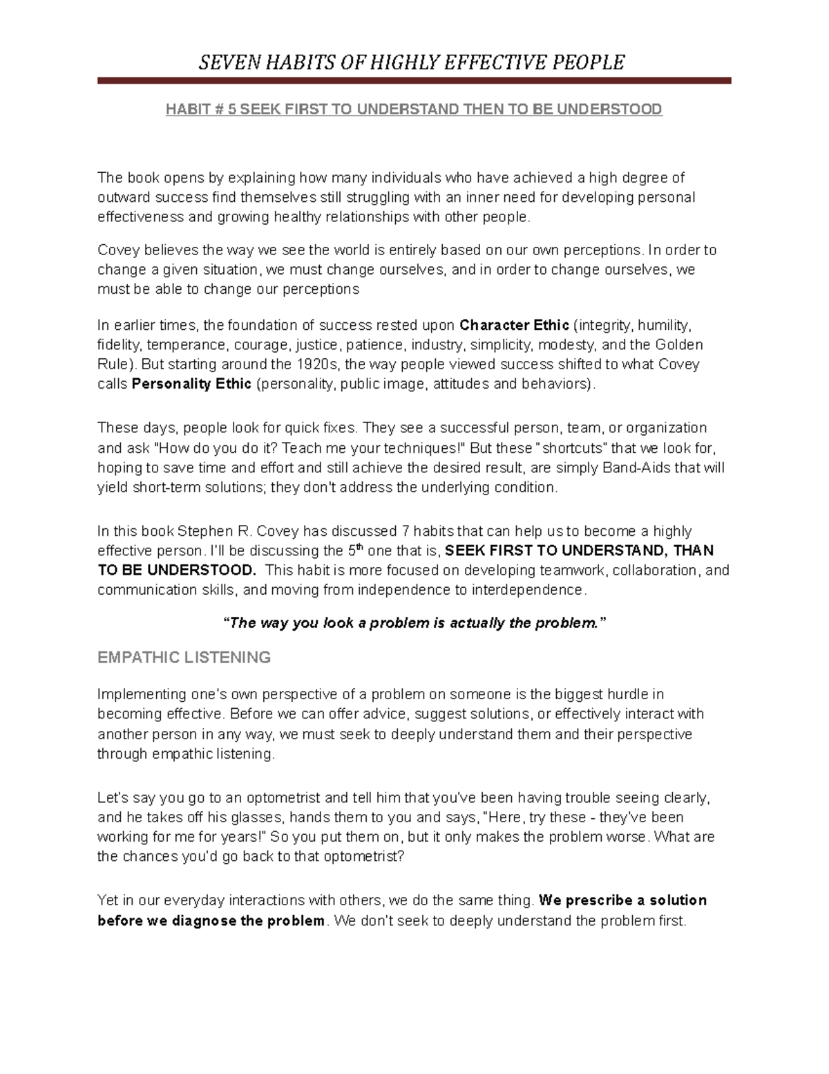 5th habit - Lecture notes 2 to 4 - SEVEN HABITS OF HIGHLY EFFECTIVE ...