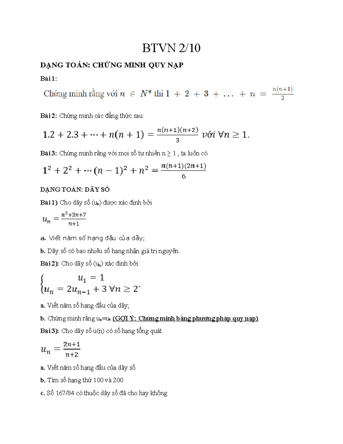 BTVN 210 - HW 210 - BTVN 2/ DẠNG TOÁN: CHỨNG MINH QUY NẠP Bài 1: Bài 2 ...